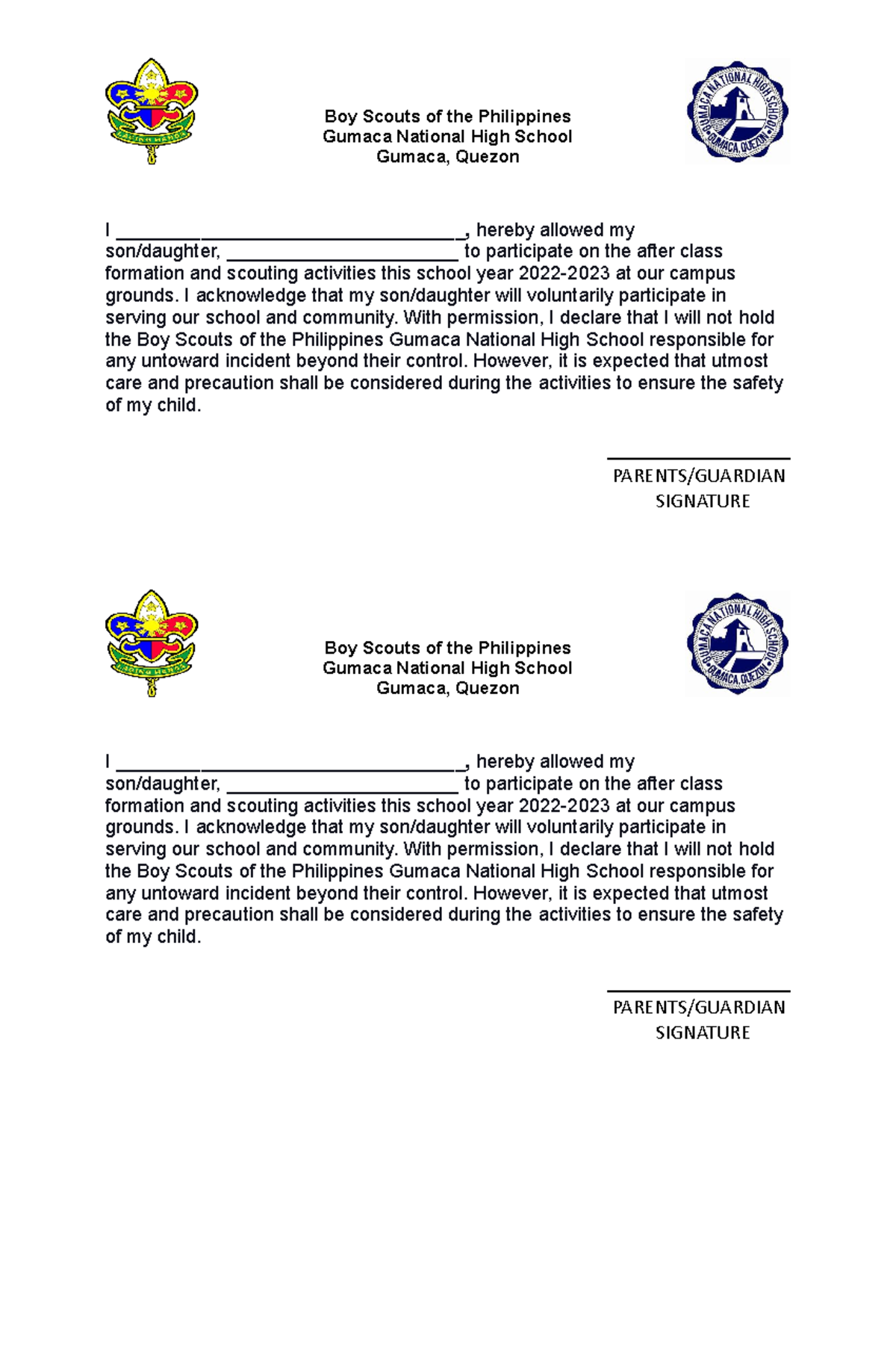 Parents Permit - hotdog - Boy Scouts of the Philippines Gumaca National ...