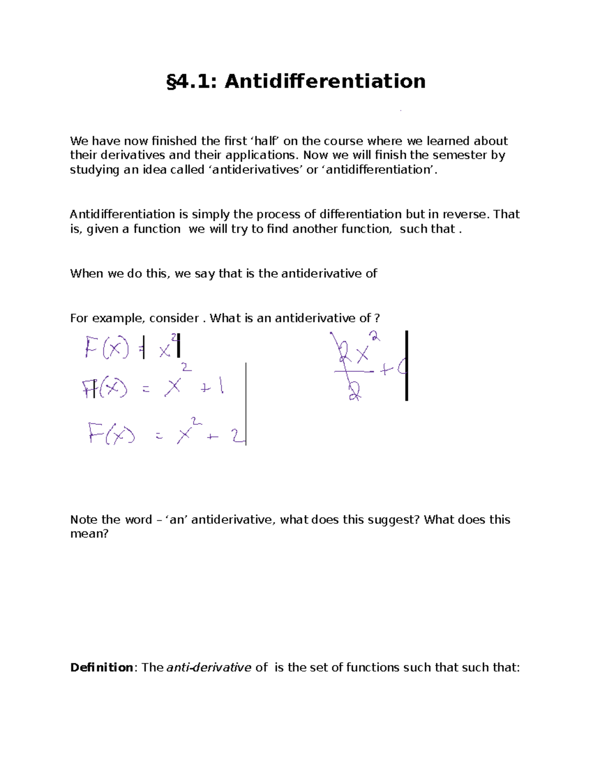 4.1 Antidifferentiation Completed 1 - §4: Antidifferentiation We have ...