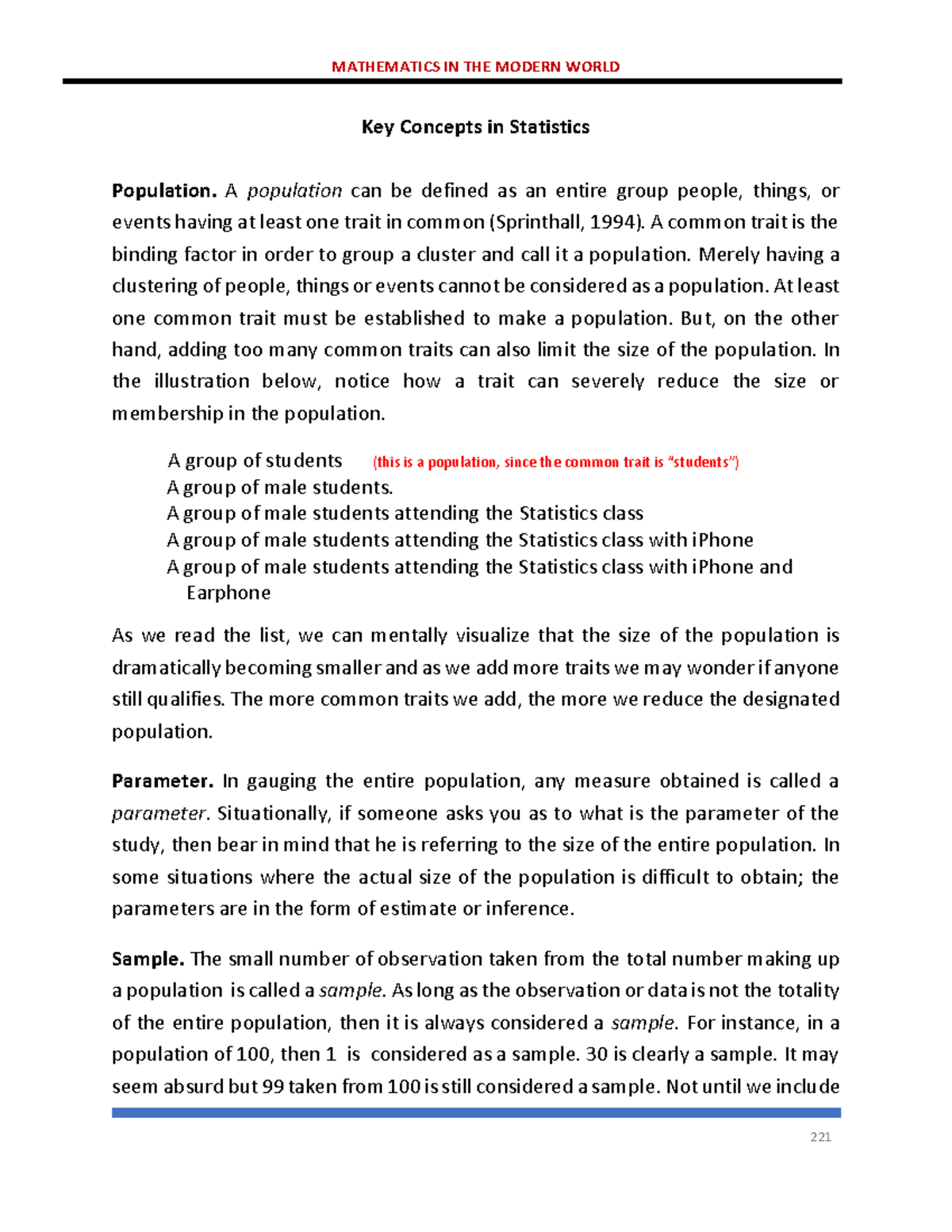 MMW 34 - MMW 34 notes - Key Concepts in Statistics Population. A ...