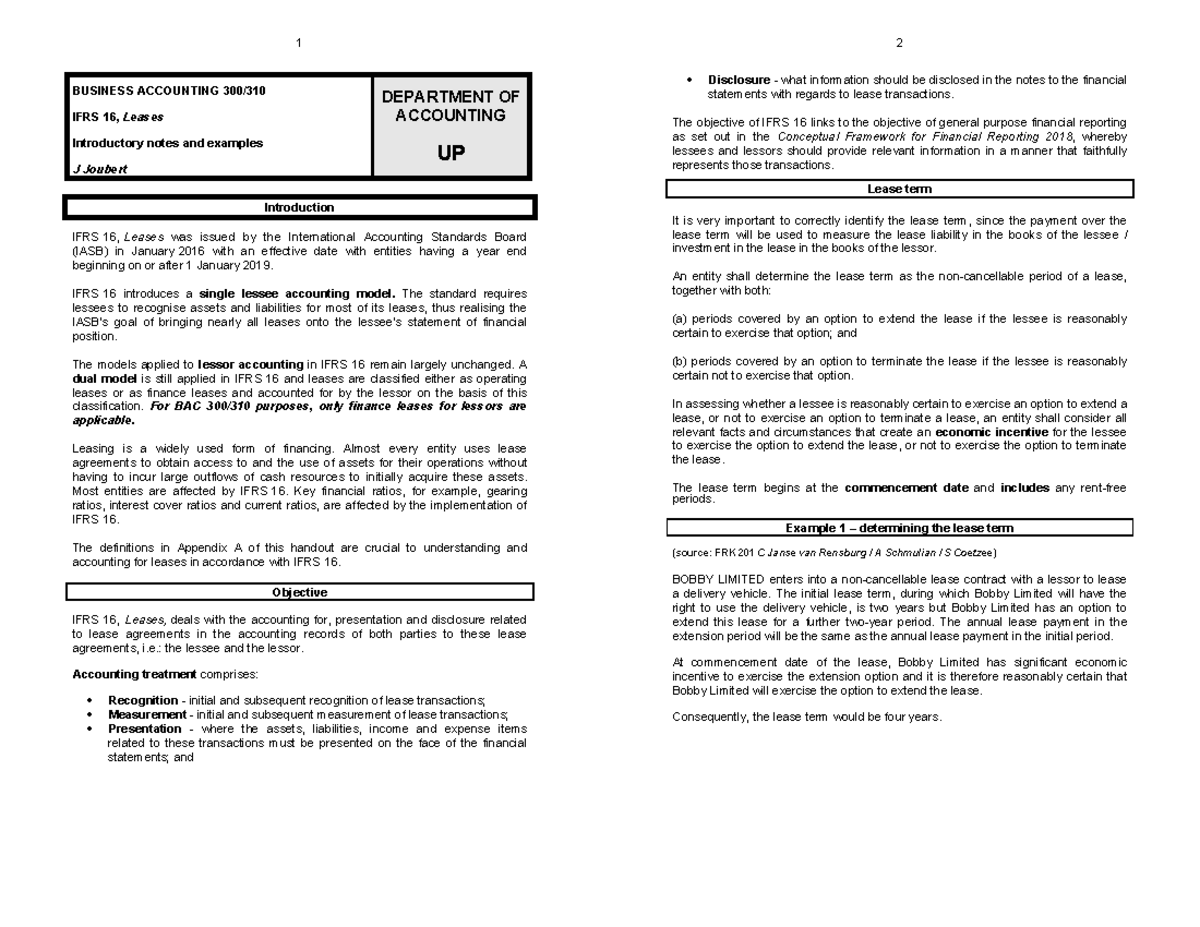 IFRS 16 Leases Introductory Notes and examples 2022 - 1 BUSINESS ...