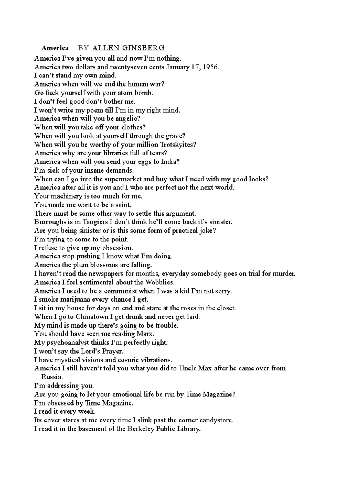 Am. poems - Am poem - America BY ALLEN GINSBERG America I’ve given you ...