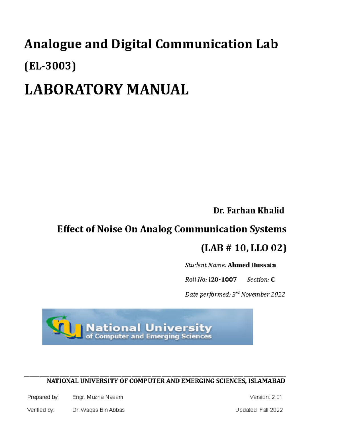 ADC Lab-10 Ahmed Hussain i20-1007 - Analogue and Digital Communication ...