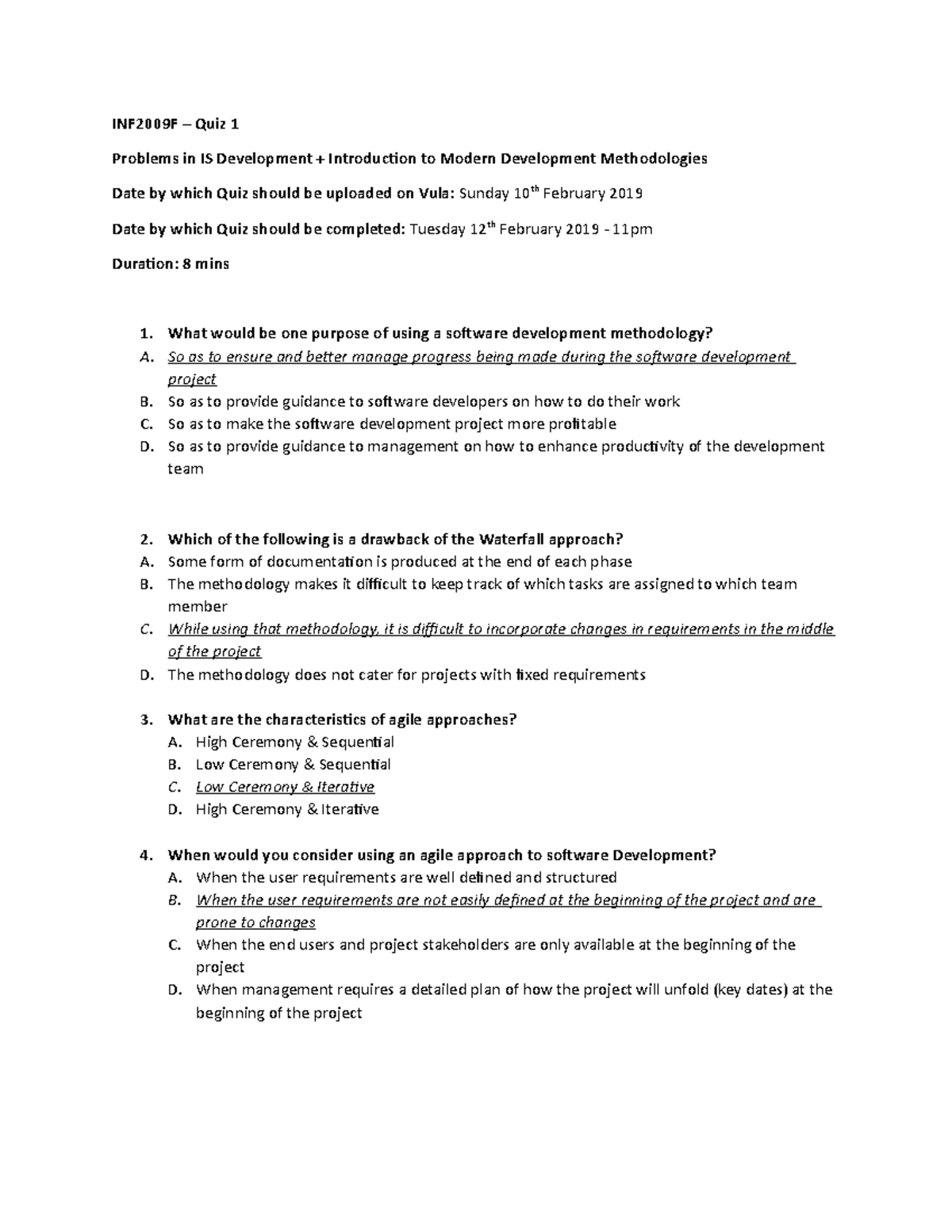 INF2009 F - Quiz 1 Answers - INF2009F – Quiz 1 Problems in IS ...