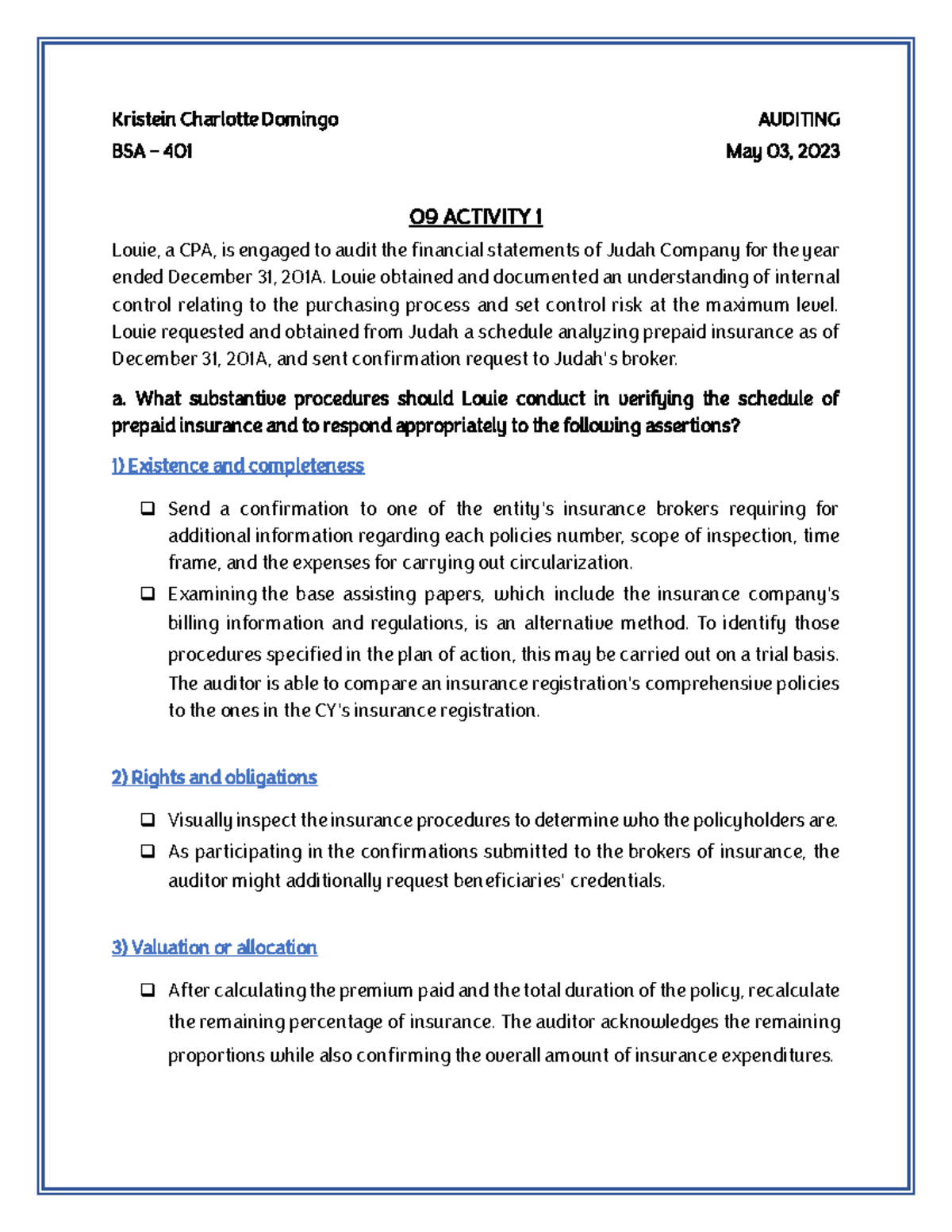 09 activity 1 Auditing - Kristein Charlotte Domingo AUDITING BSA – 401 ...