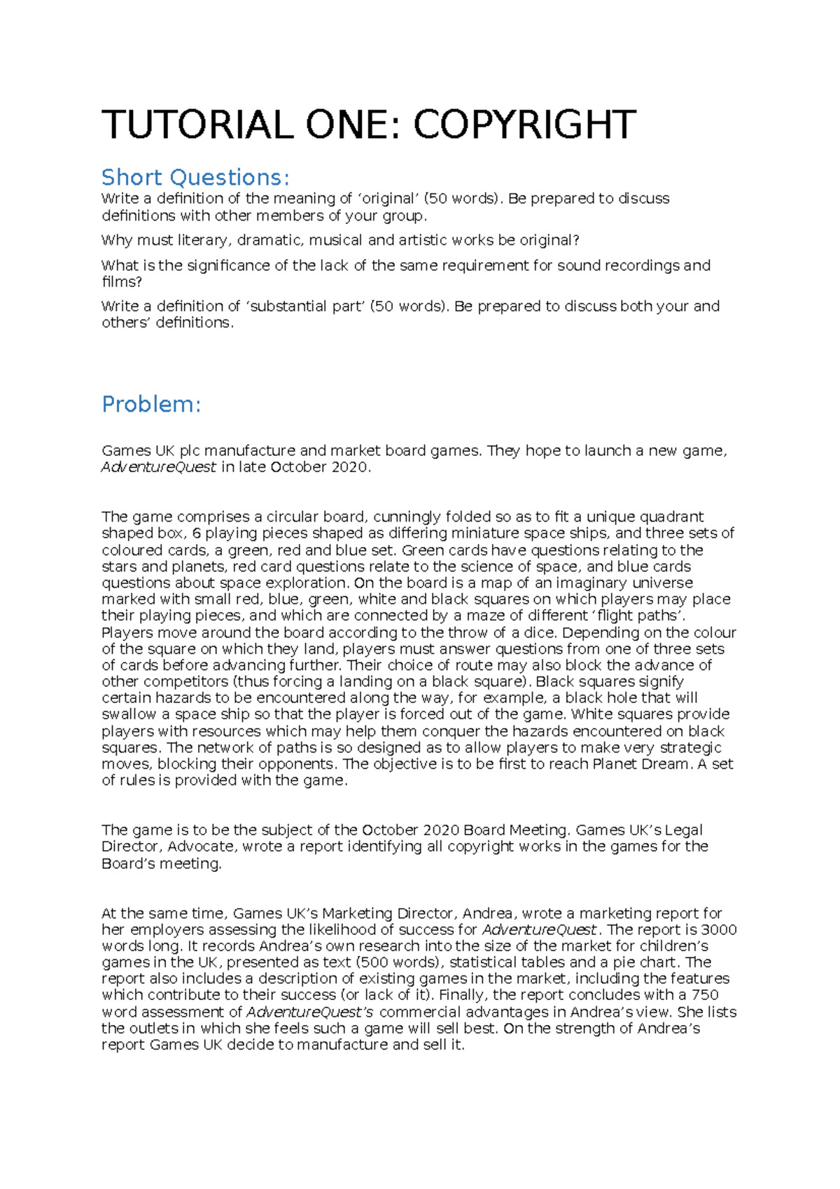 Tutorial ONE Copyright - TUTORIAL ONE: COPYRIGHT Short Questions: Write ...