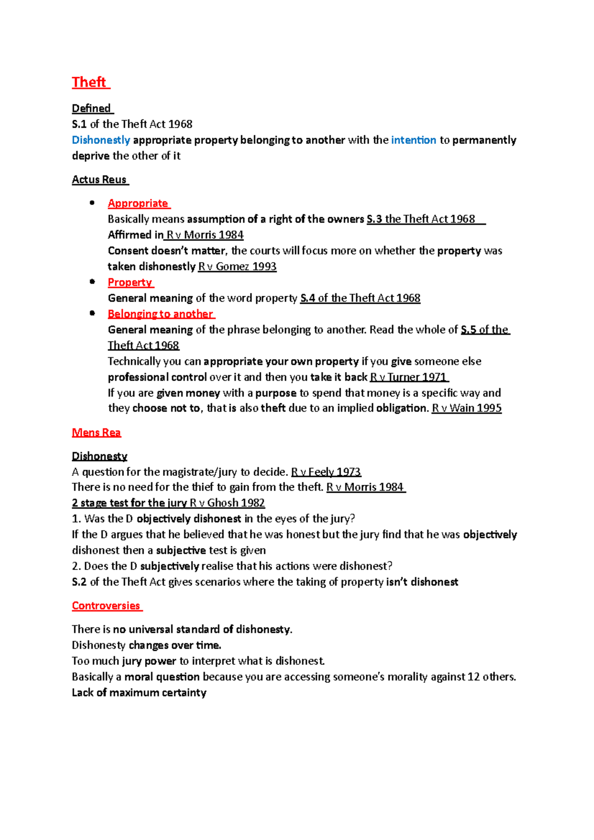 Theft, Fraud, Burglary and Robbery - LAW-5023B - UEA - Studocu