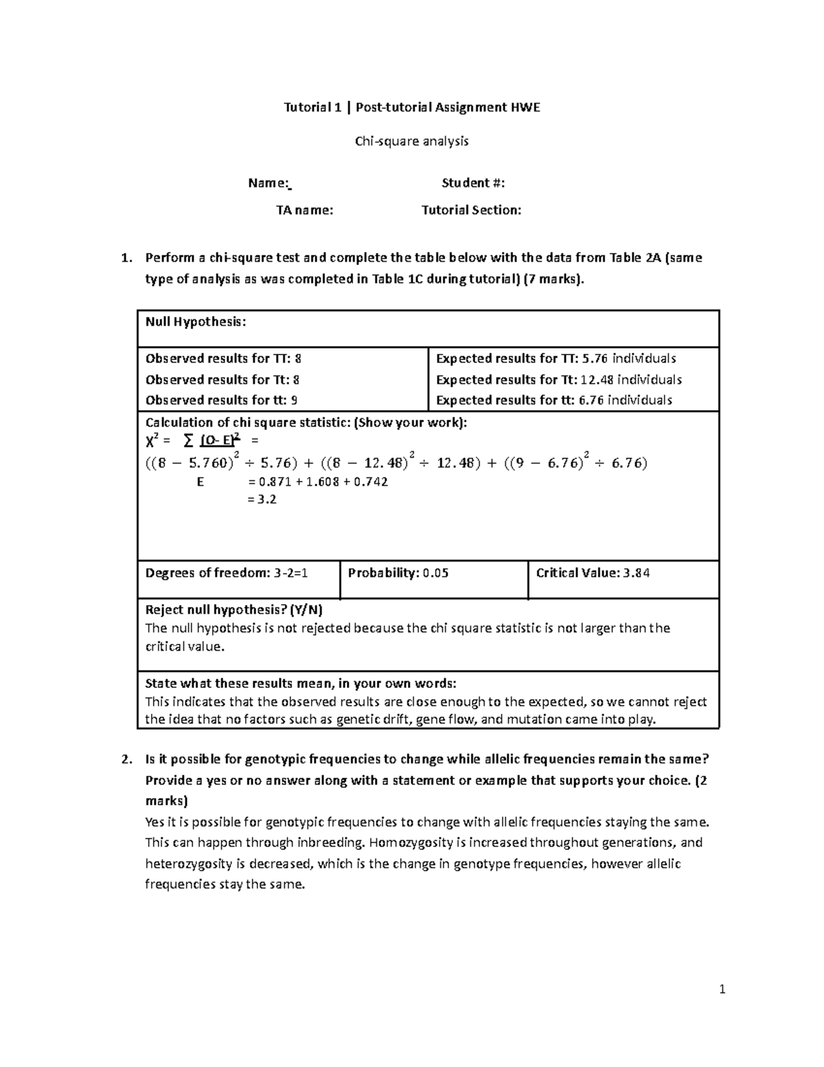 Bio 1M03 Post-tutorial 1 assignment HWE as a word document - bio 1m03 - McMaster - Studocu