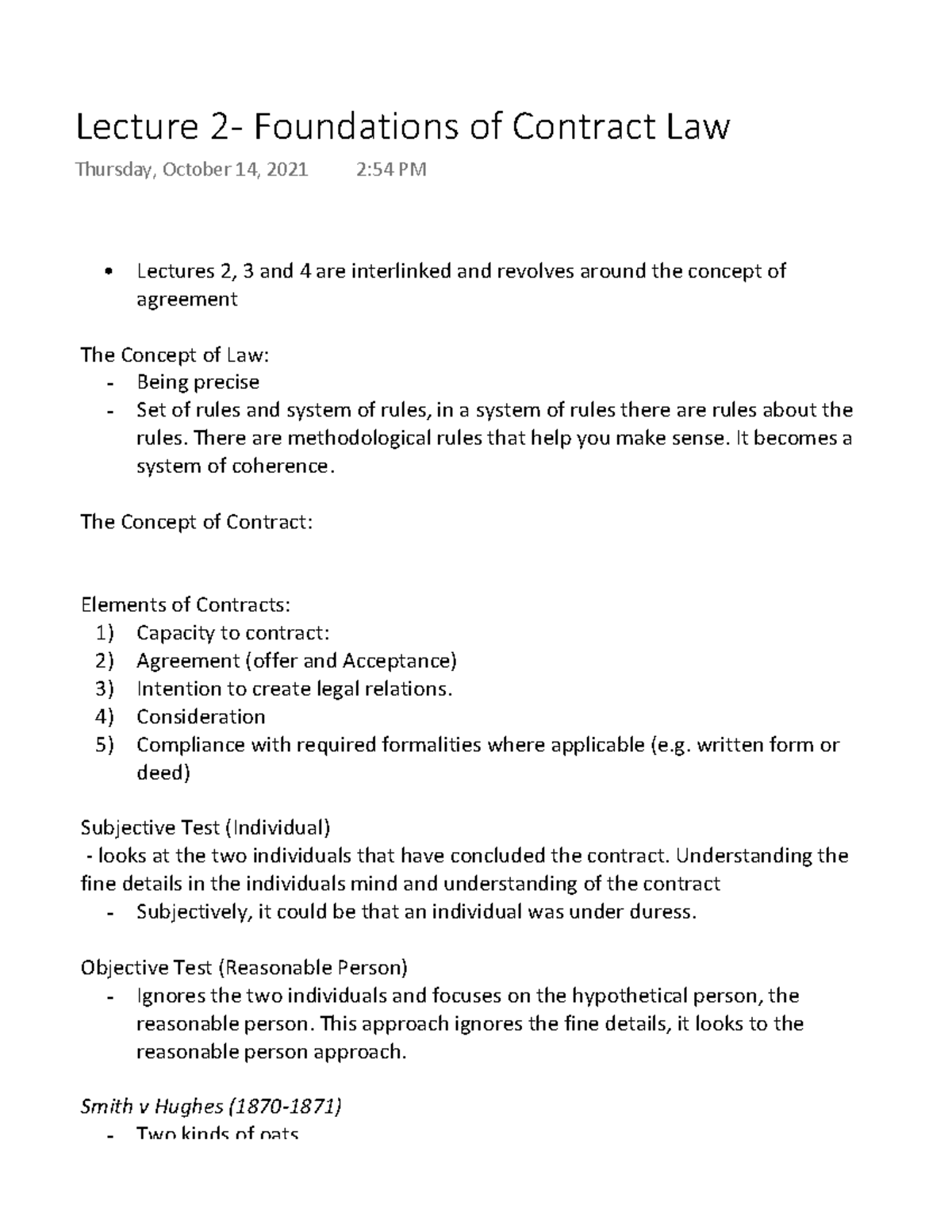 Lecture 2- Foundations of Contract Law - Lectures 2, 3 and 4 are ...