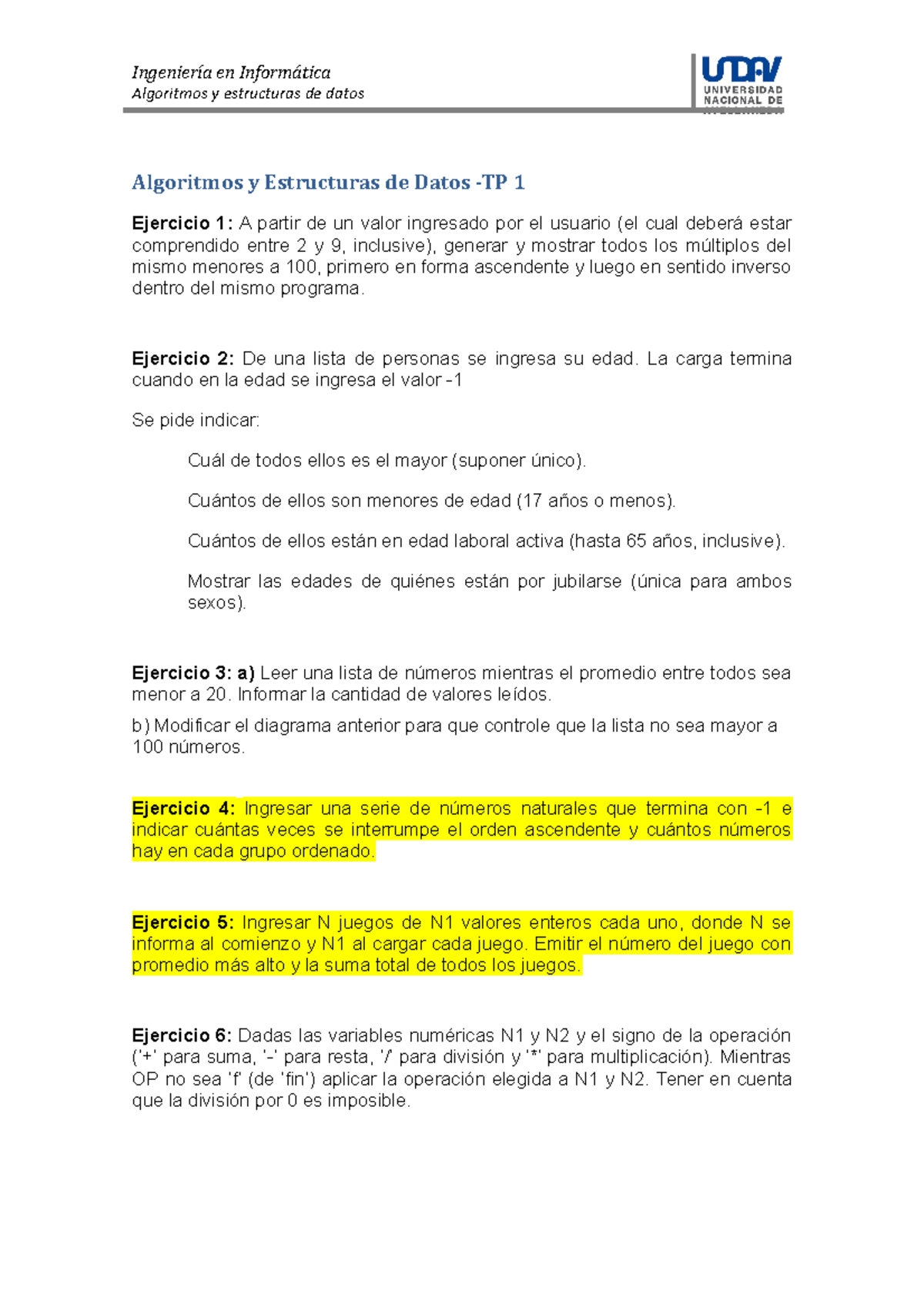 TP1 - Algoritmos y Estructuras de Datos Ejercicios de Diagramación ...