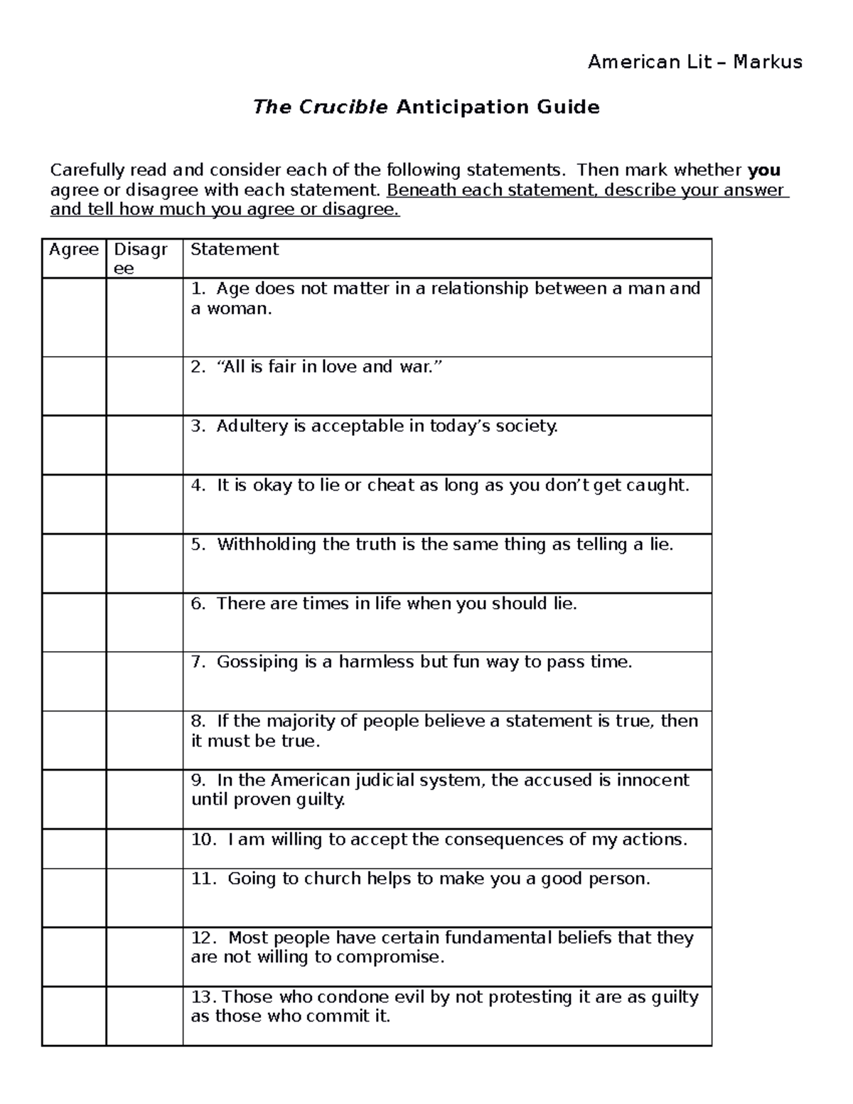 The crucible anticipation guide - American Lit – Markus The Crucible ...