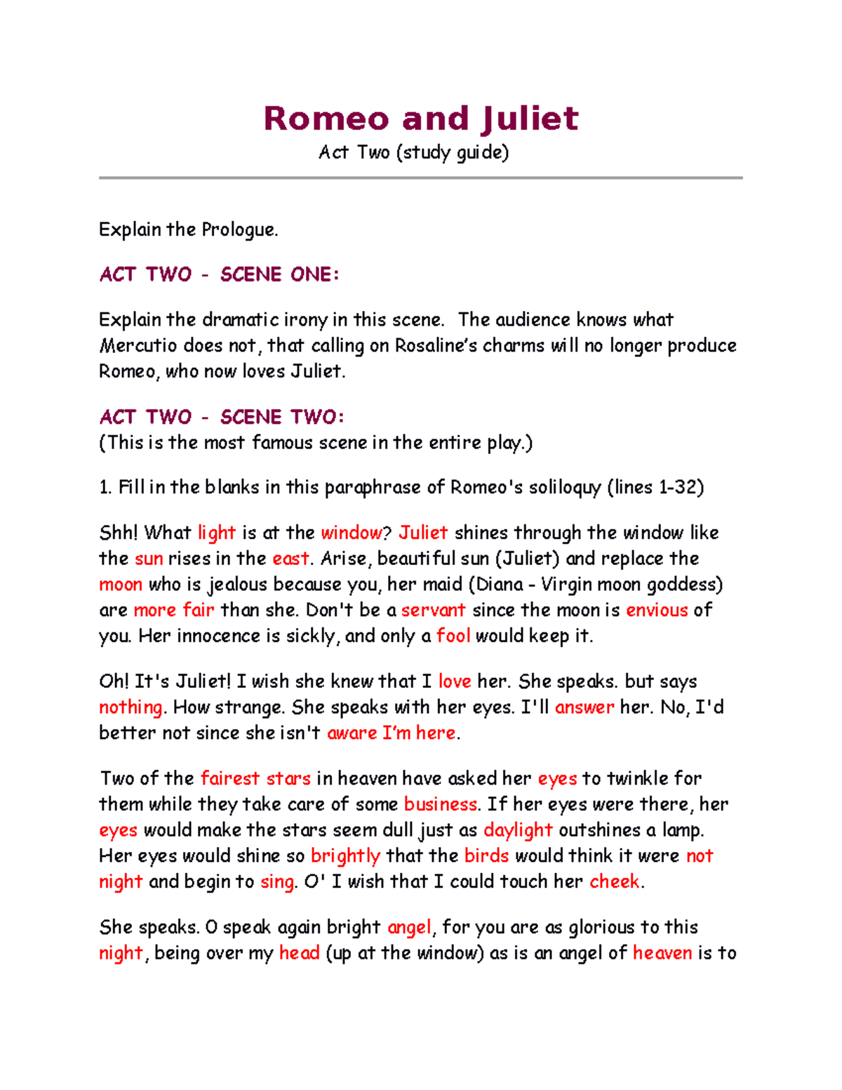 Act II Study Guide - Romeo and Juliet Act Two (study guide) Explain the ...