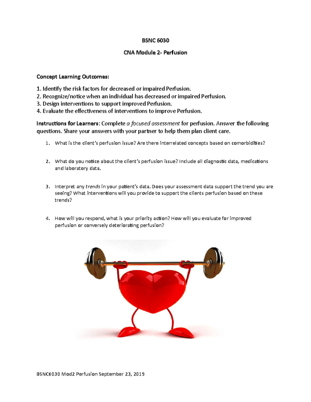 BSNC 6030 CNA Module 2 - lab - BSNC 6030 CNA Module 2- Perfusion ...