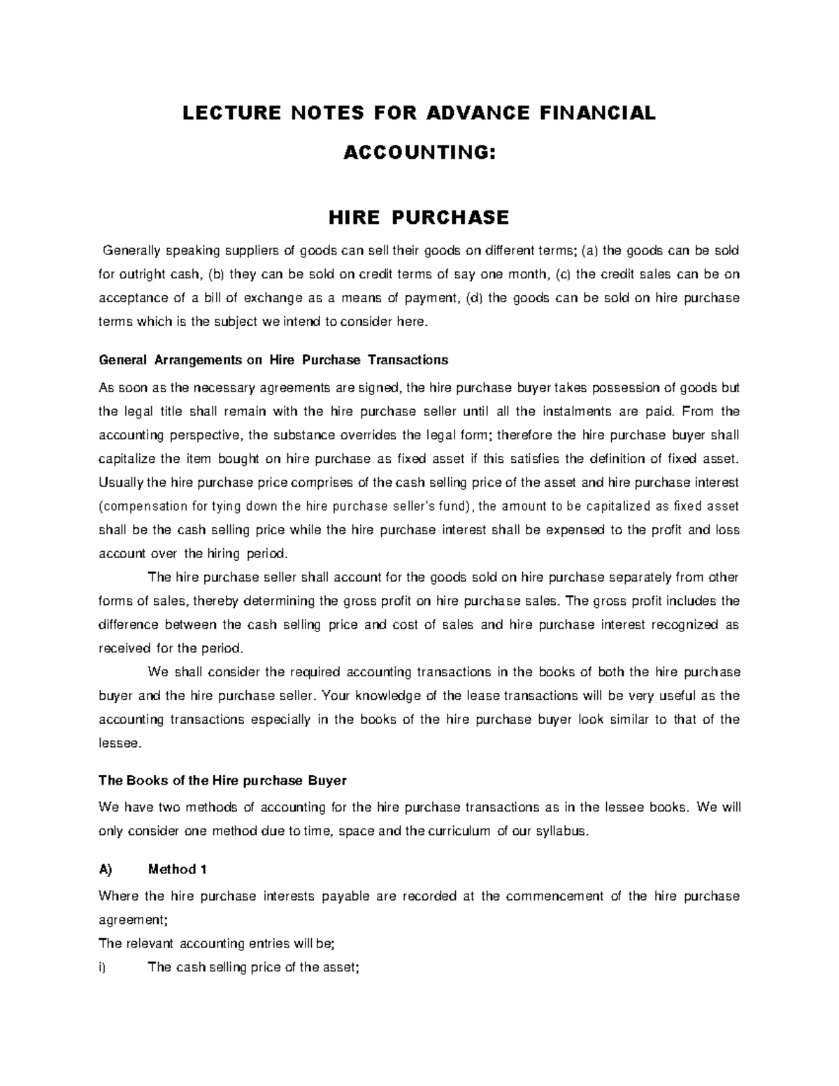 Hire Purchase-Advanced Accounting - LECTURE NOTES FOR ADVANCE FINANCIAL ...