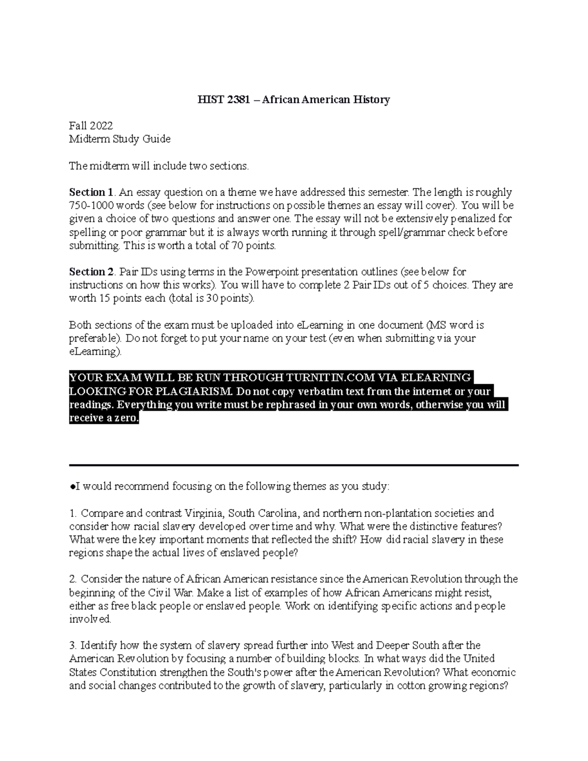 AA22.Midterm Study Guide Fall 2022 - HIST 2381 – African American ...