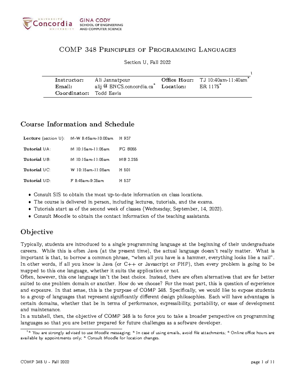 Comp348.00.2022f - outline - COMP 348 Principles of Programming Languages Section U, Fall 2022 1 ...