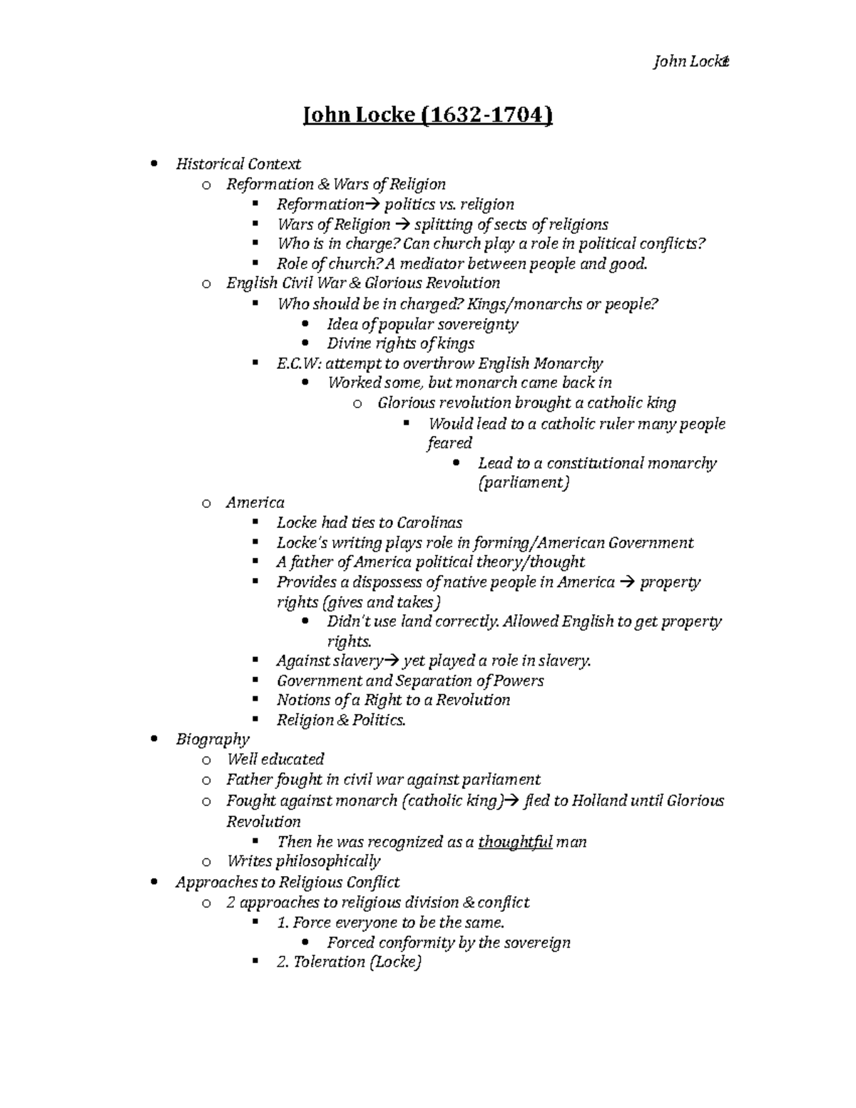 John Locke - Lecture notes 13 - Introduction To Political Theory - John ...