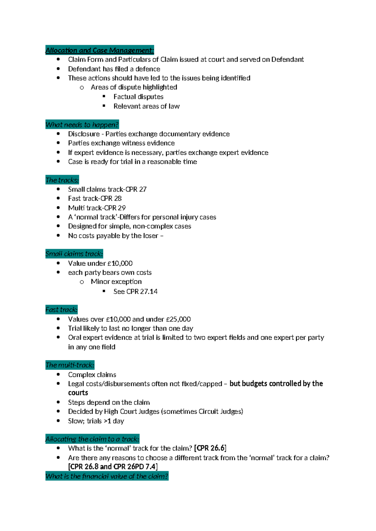 Allocation and Case Management - Fast track: Values over £10,000 and ...