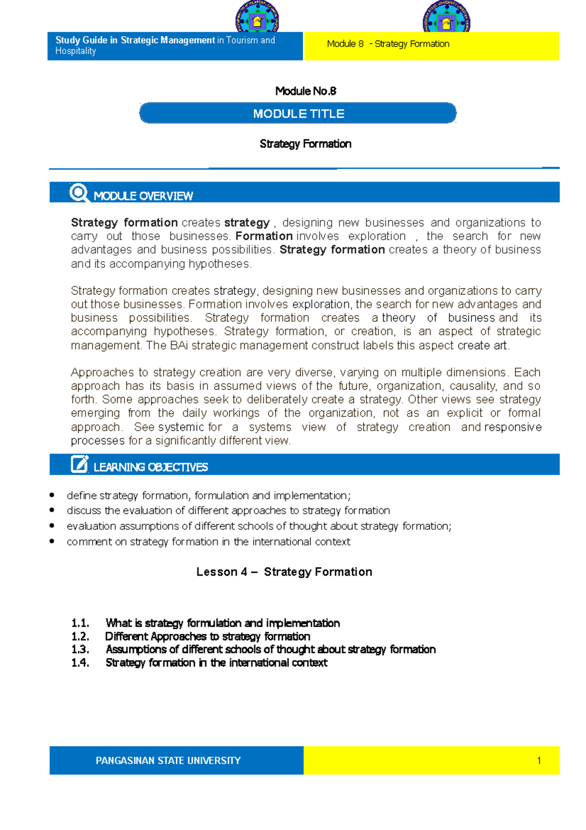 Study guide BME2 ( module 8 ) 2022 - Module No. 8 Strategy Formation ...
