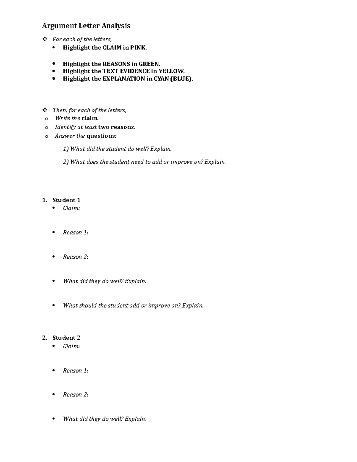Argument Letter Analysis - Highlight the REASONS in GREEN the TEXT ...