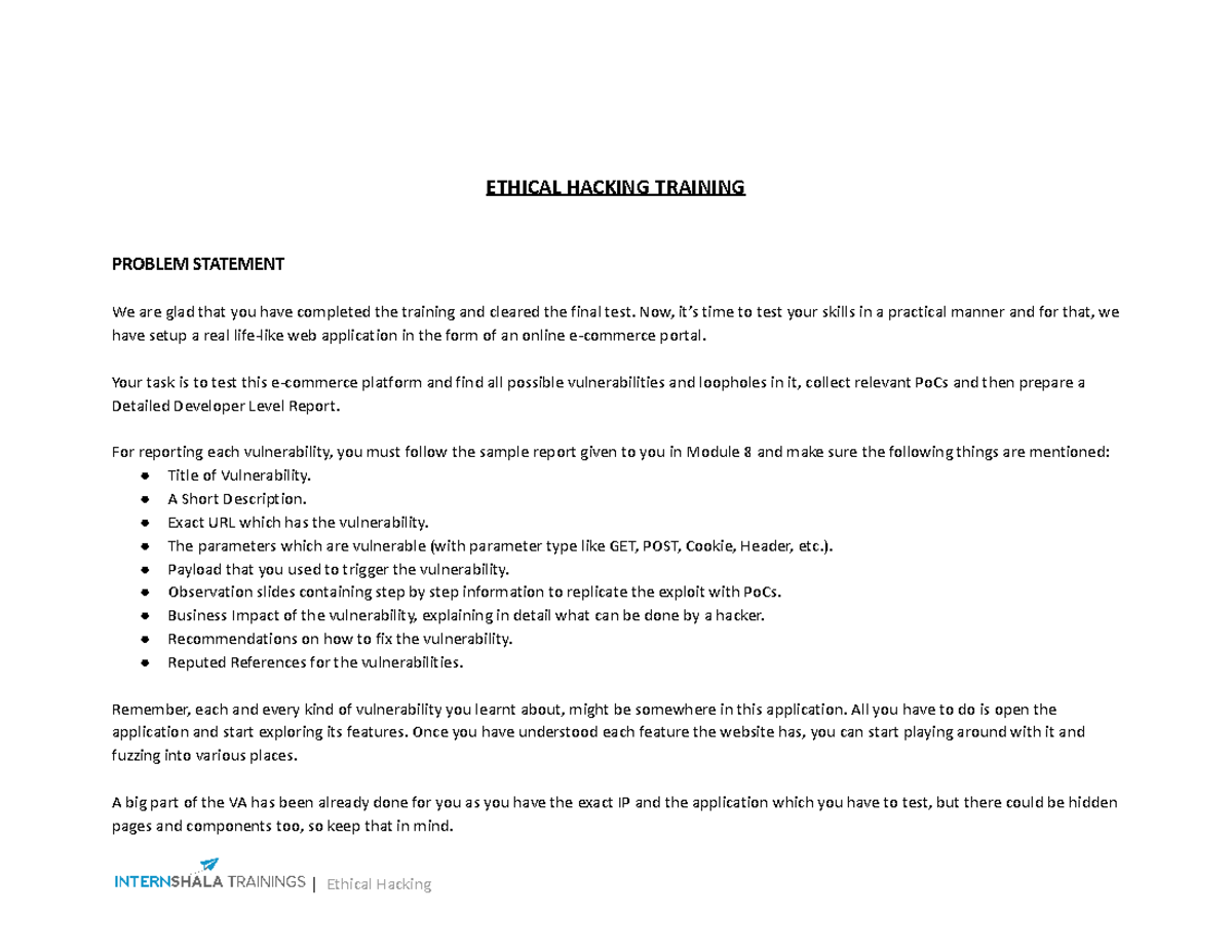 Project Problem Statement - ETHICAL HACKING TRAINING PROBLEM STATEMENT ...