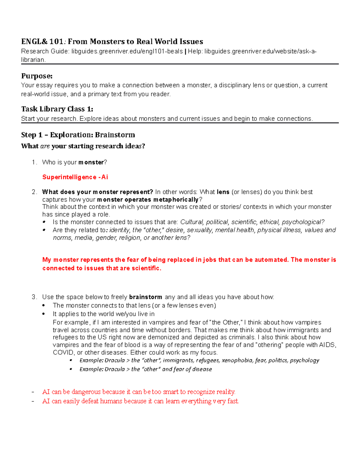 Capstone LOG 1 - abc - ENGL& 101: From Monsters to Real World Issues ...
