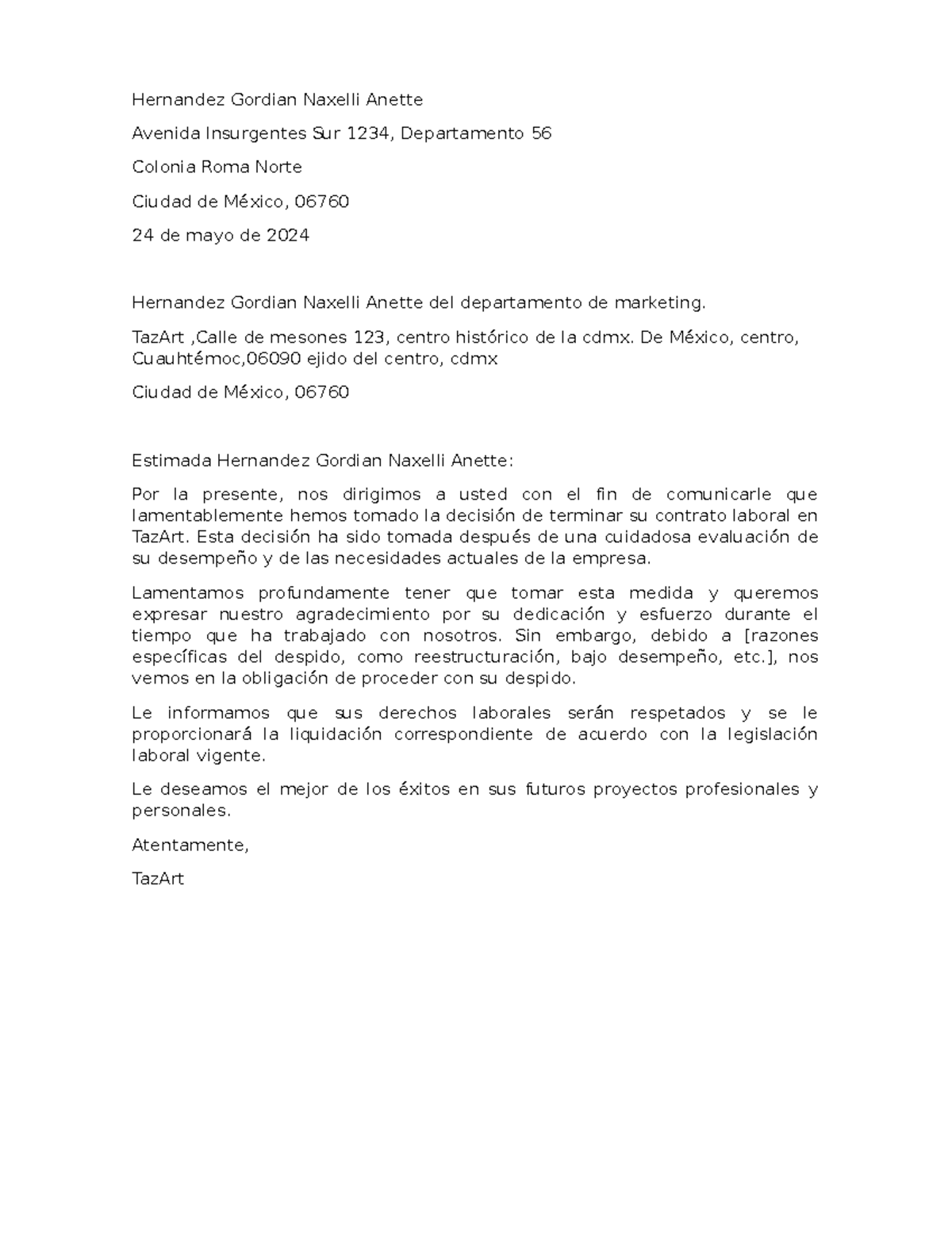 Carta de despido - Hernandez Gordian Naxelli Anette Avenida Insurgentes ...