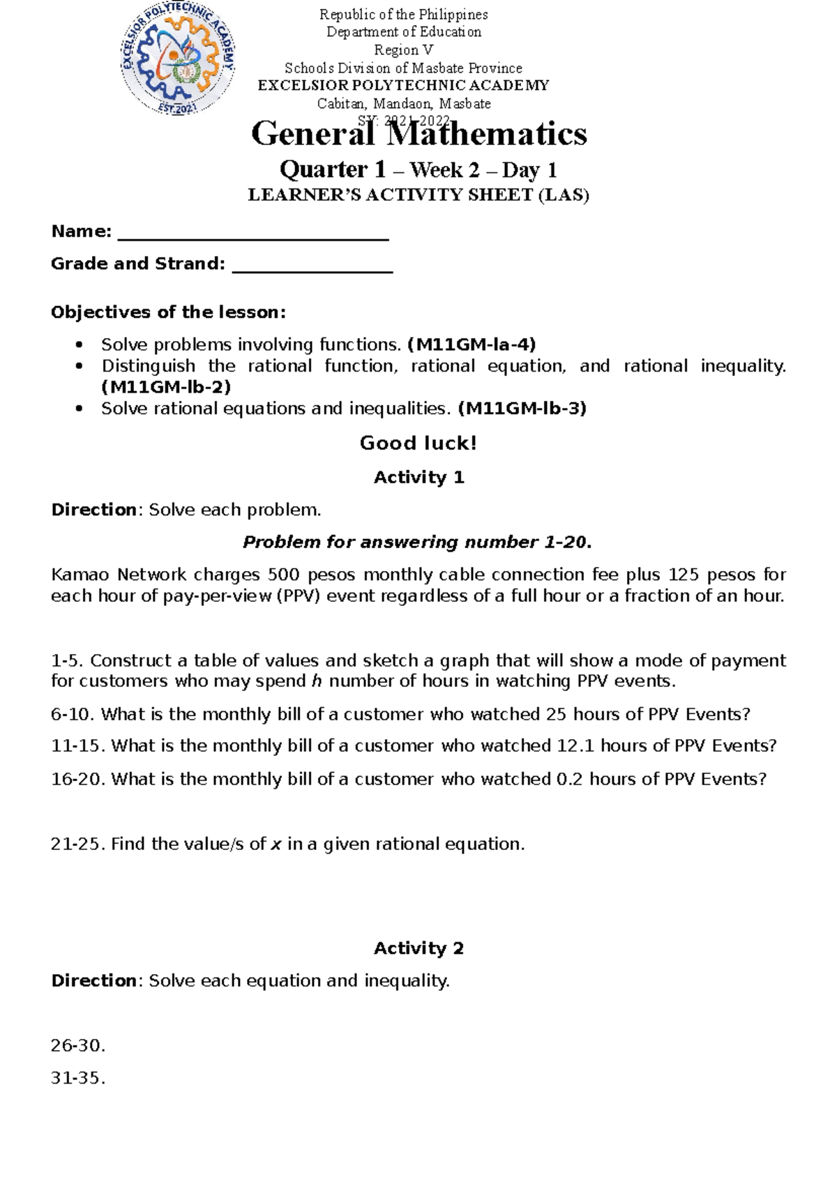Rational Function - General Mathematics Quarter 1 – Week 2 – Day 1 ...