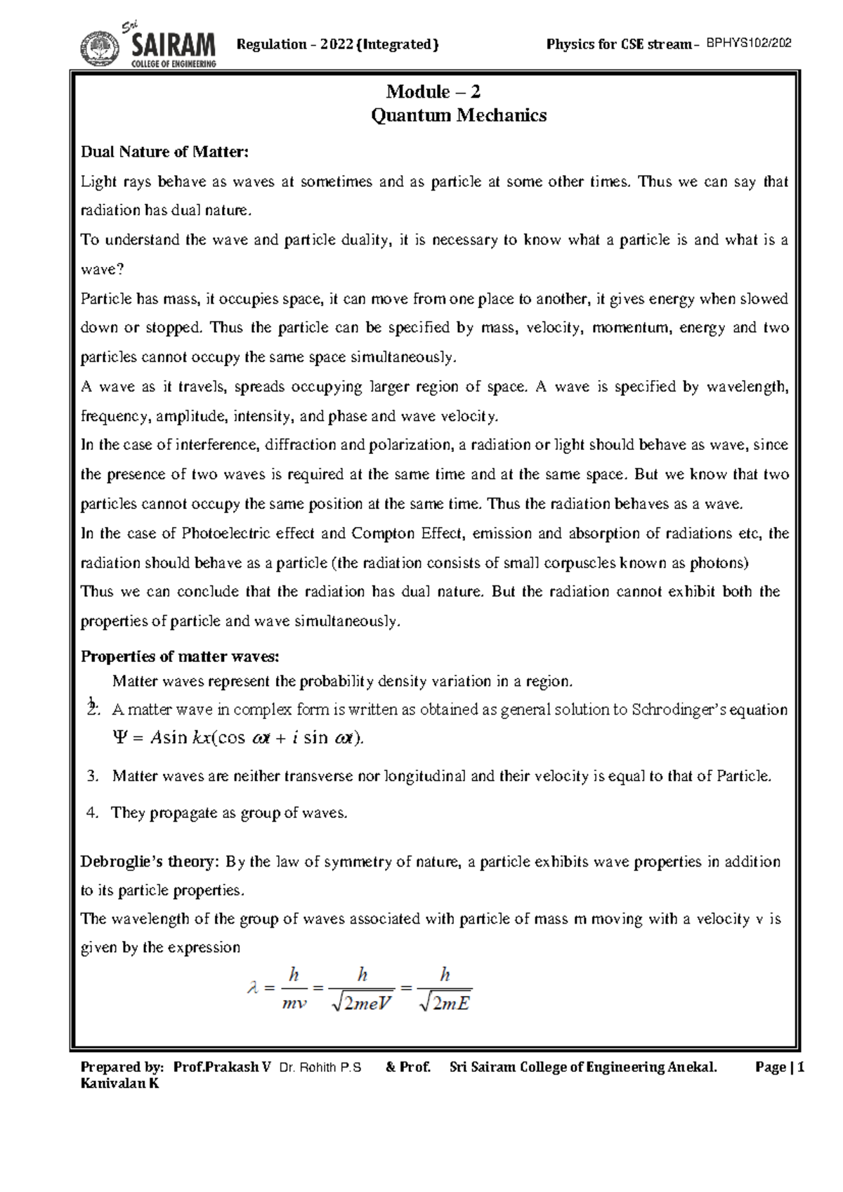Module 2 - Prepared by: Prof V ,Prof U V & Prof. Sri Sairam College of ...