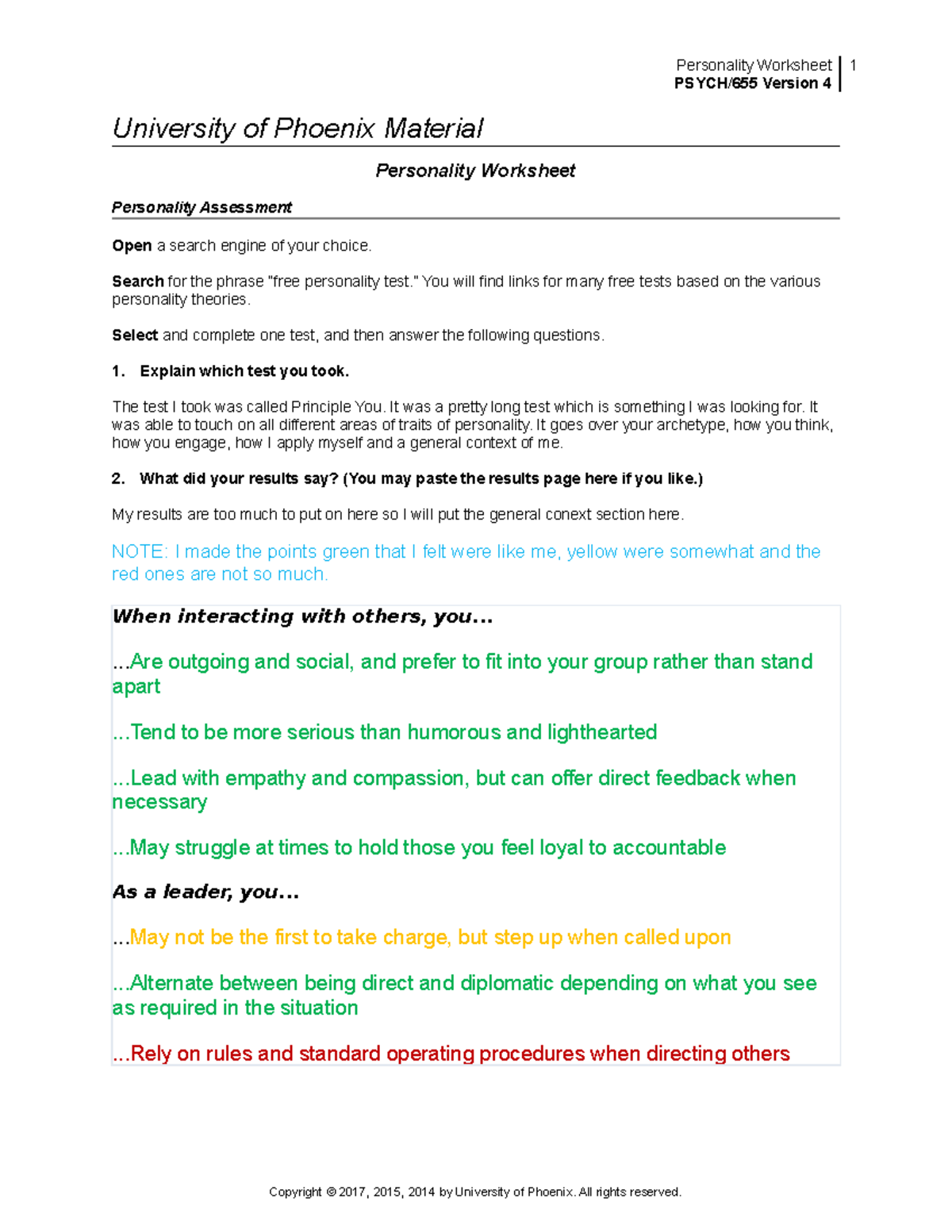 Personality Test - PSYCH/655 Version 4 University of Phoenix Material ...