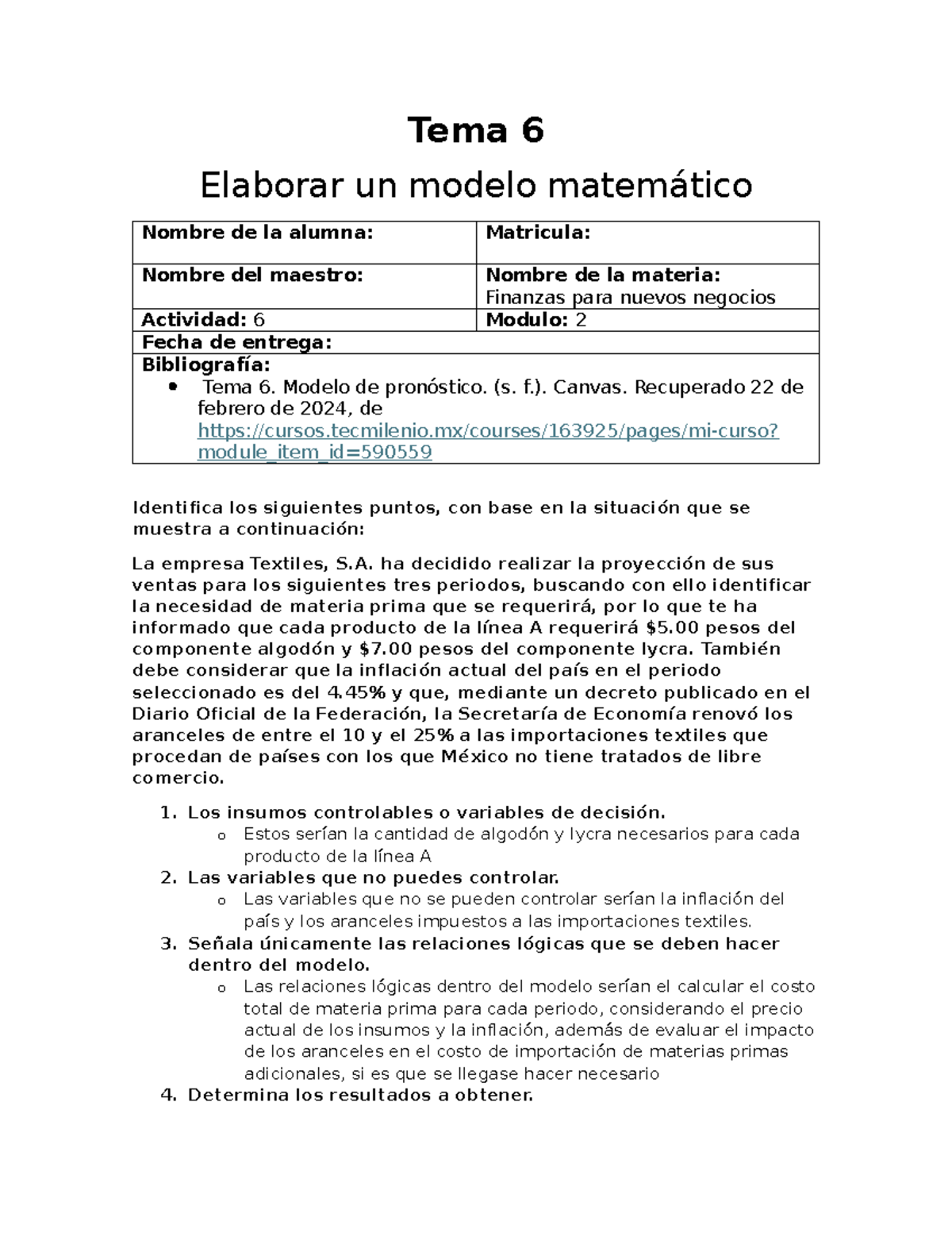 Actividad 6 Elaborar un modelo matemático - Tema 6 Elaborar un modelo ...