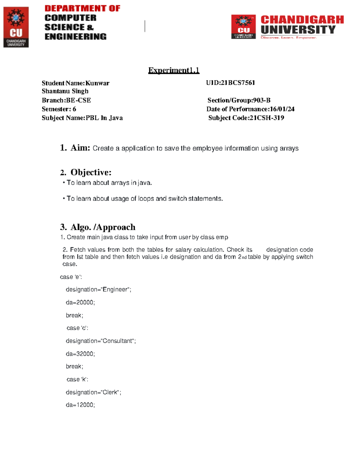 Java 1 - egfdgbf hgfbngfhnhgfn - Student Name:Kunwar Shantanu Singh Experiment1. UID:21BCS - Studocu