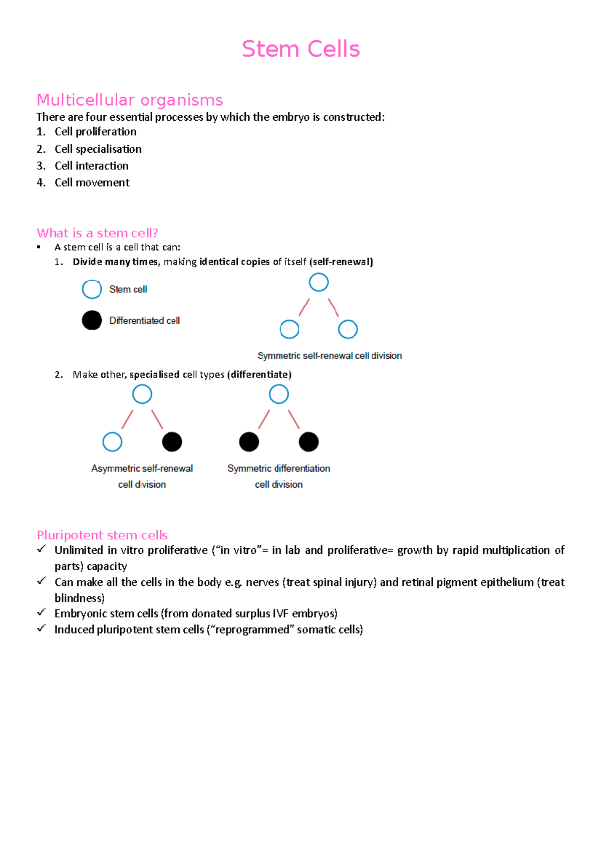 Stem cells - Stem Cells Multicellular organisms There are four ...