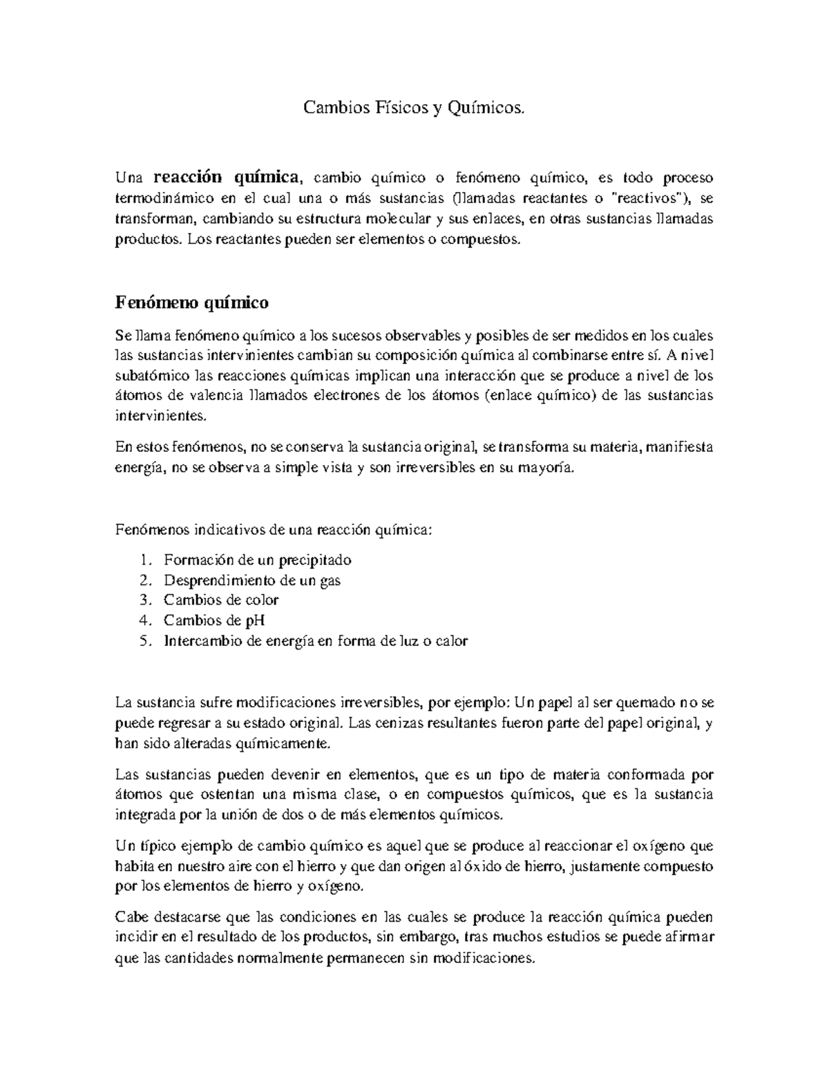 Cambios Físicos y Químicos - Una reacción química, cambio químico o ...