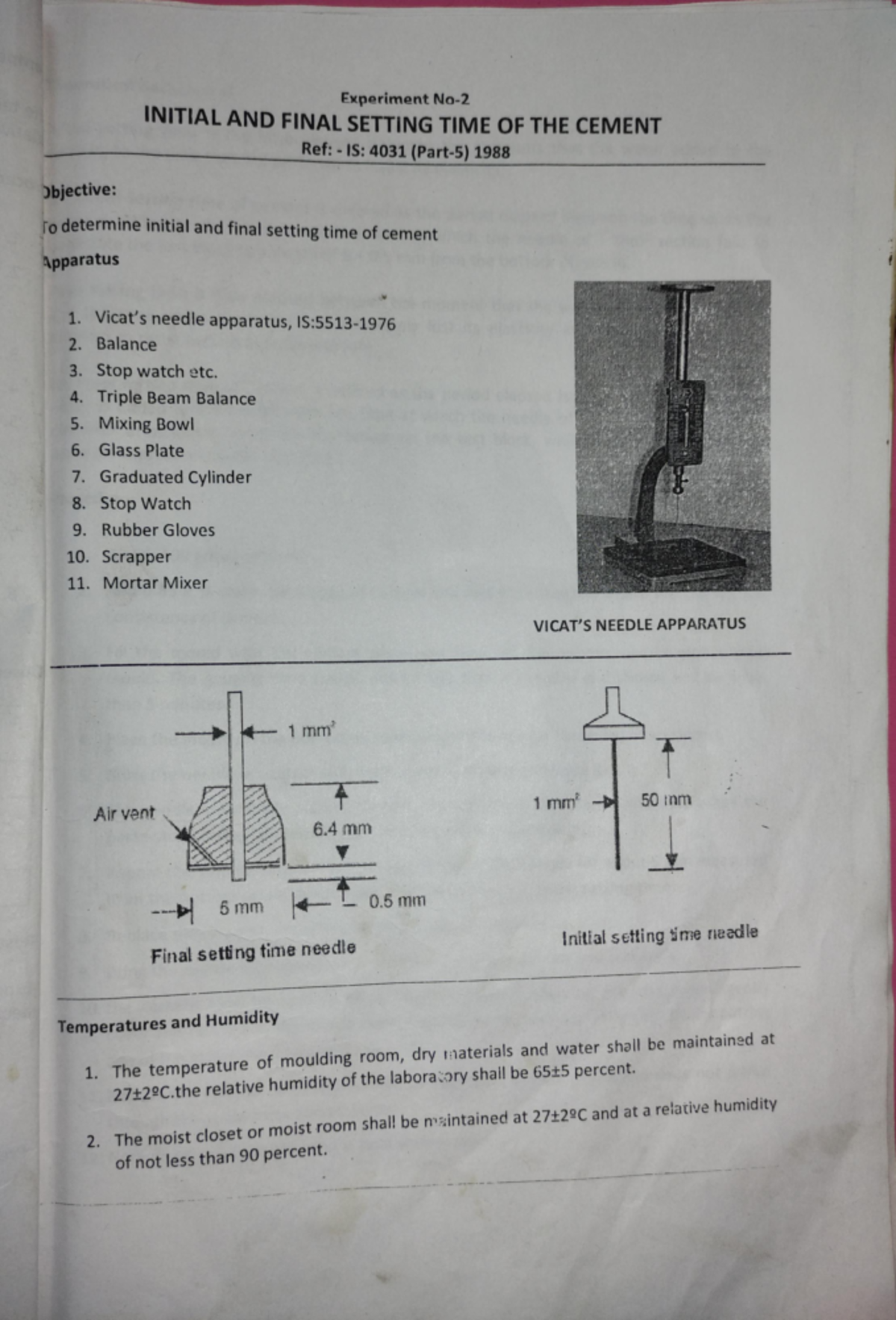 Initial and final setting time - Experiment No- INITIAL AND FINAL ...