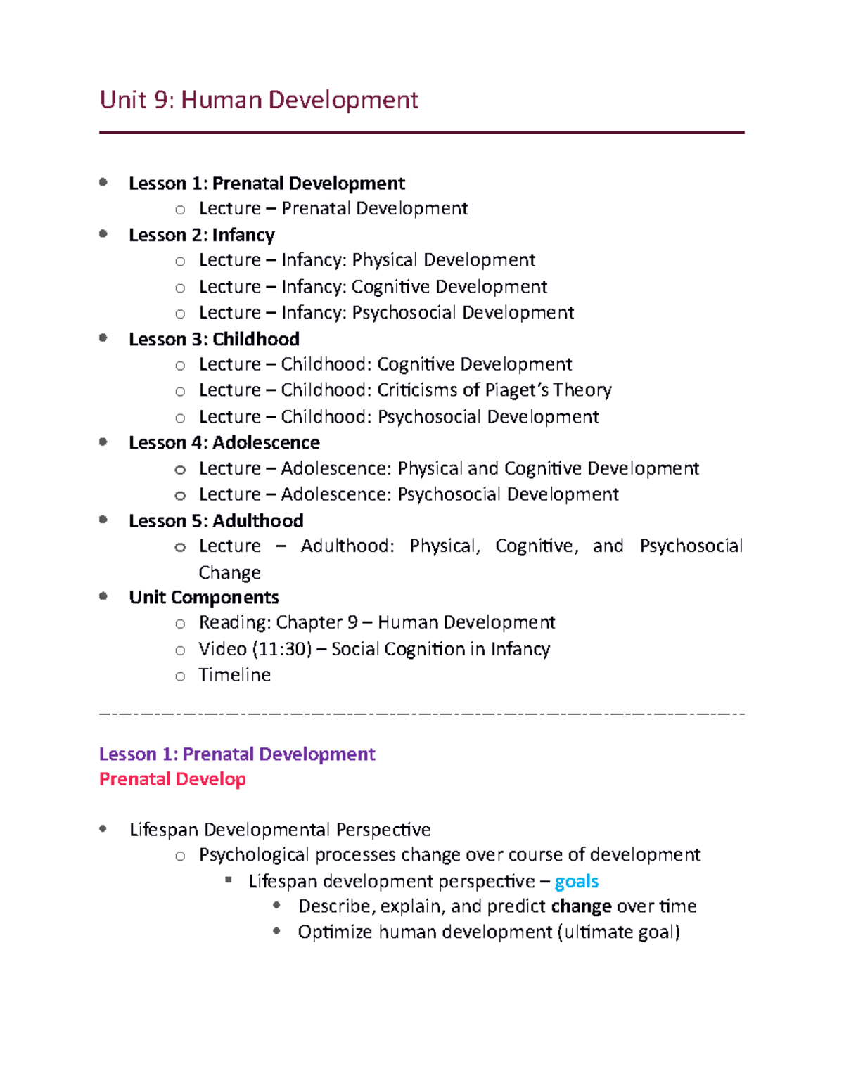 Notes (Unit 9) - Human Development - Unit 9: Human Development Lesson 1 ...