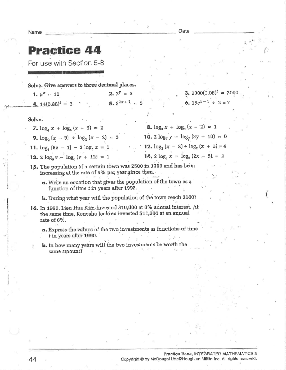 Practice 44 Logarithmic and Exponential Equations - MAT 170 - Studocu
