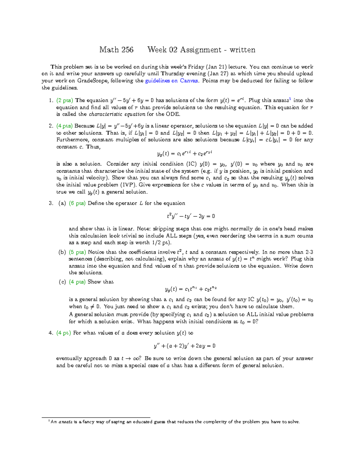 Ordinary Differential Equation practice 1 - Math 256 Week 02 Assignment written This problem set ...