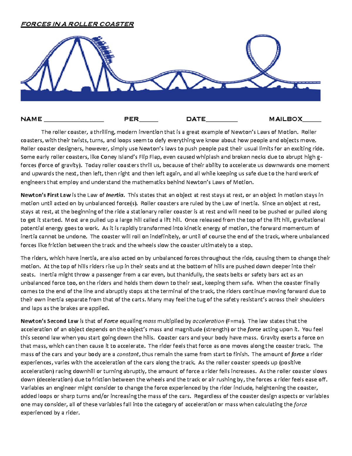Forces IN A Roller Coaster - 6 - FORCES IN A ROLLER COASTER NAME ...