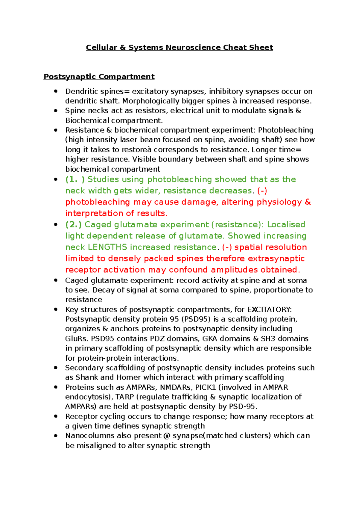 C&S cheat sheet - Cellular & Systems Neuroscience Cheat Sheet Postsynaptic Compartment - Studocu