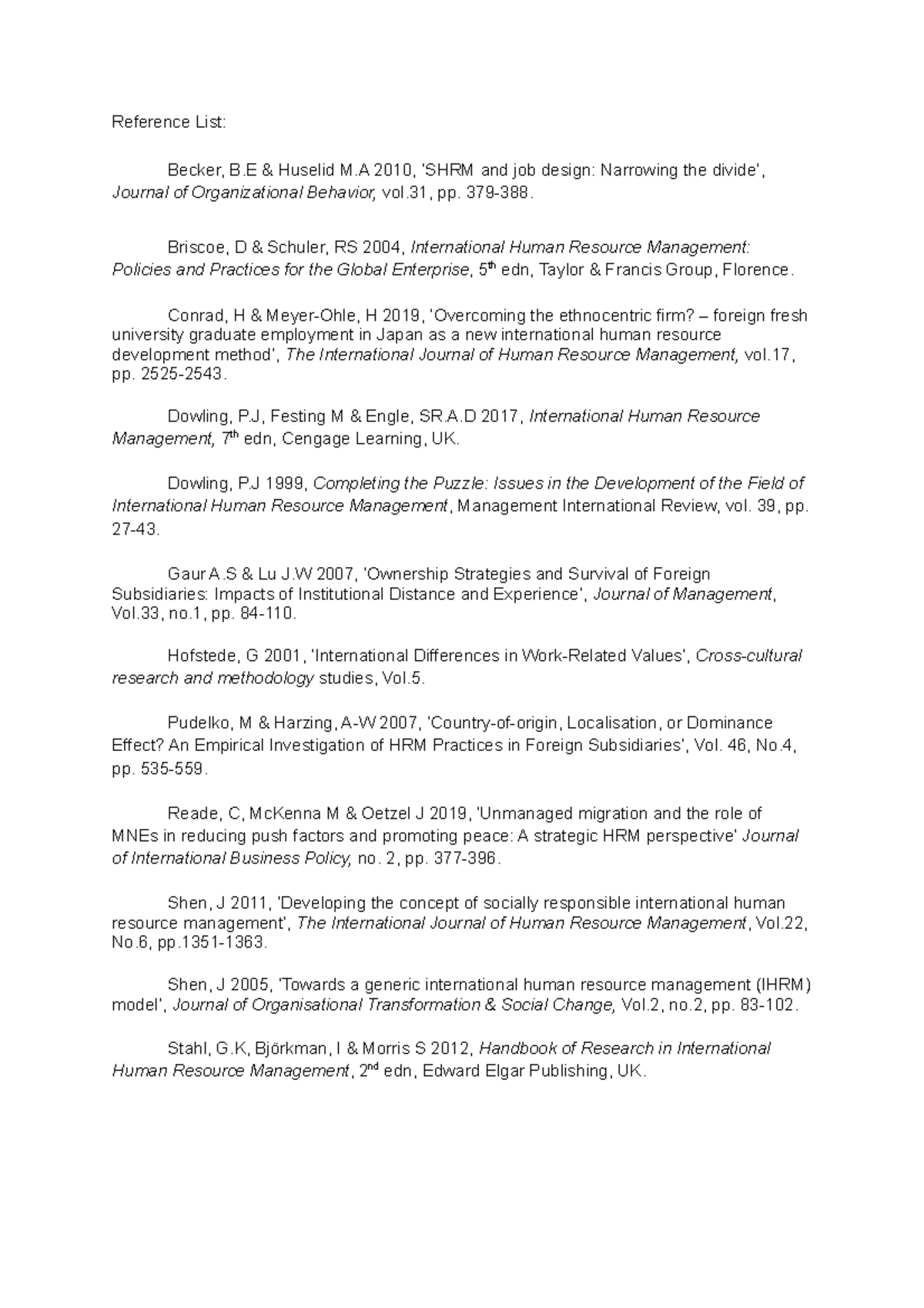 Reference List - Notes - Reference List: Becker, B & Huselid M 2010 ...