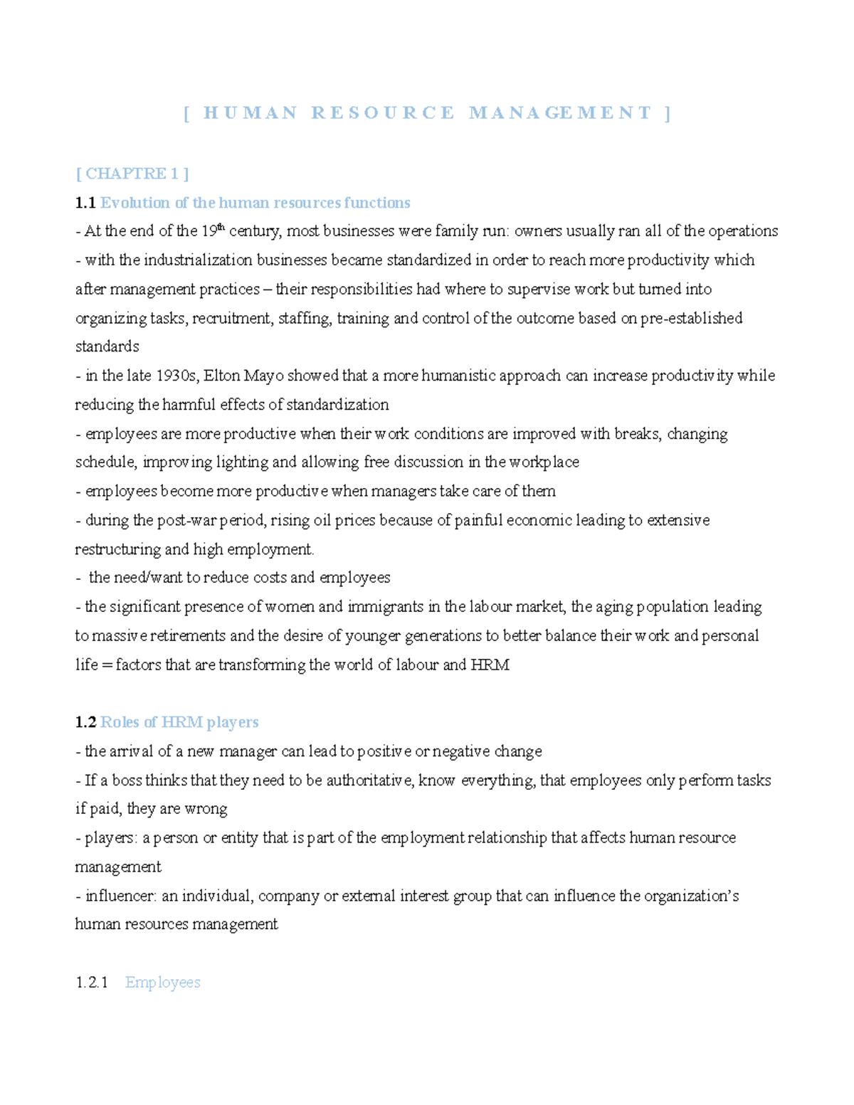 Class Notes H U M A N R E S O U R C E M A N A GE M E N T