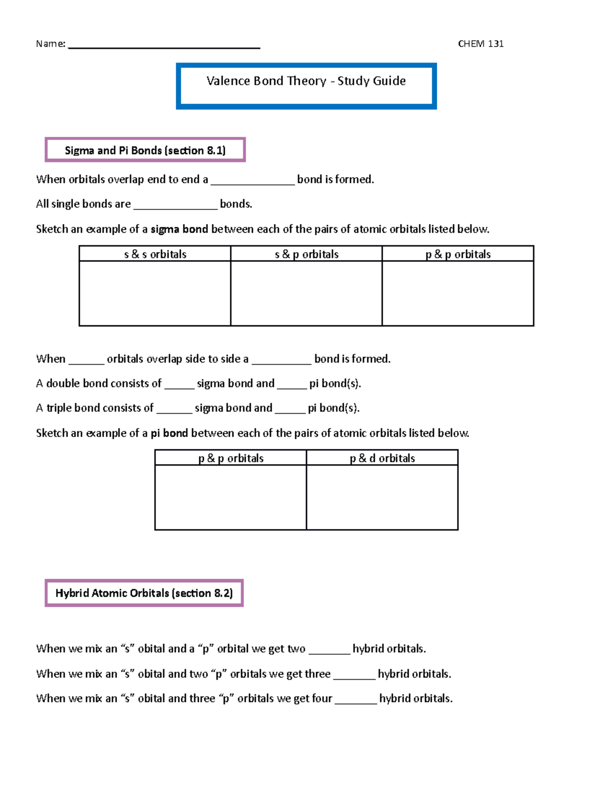 CH8 Valence Bond Theory Study Guide - Name ...