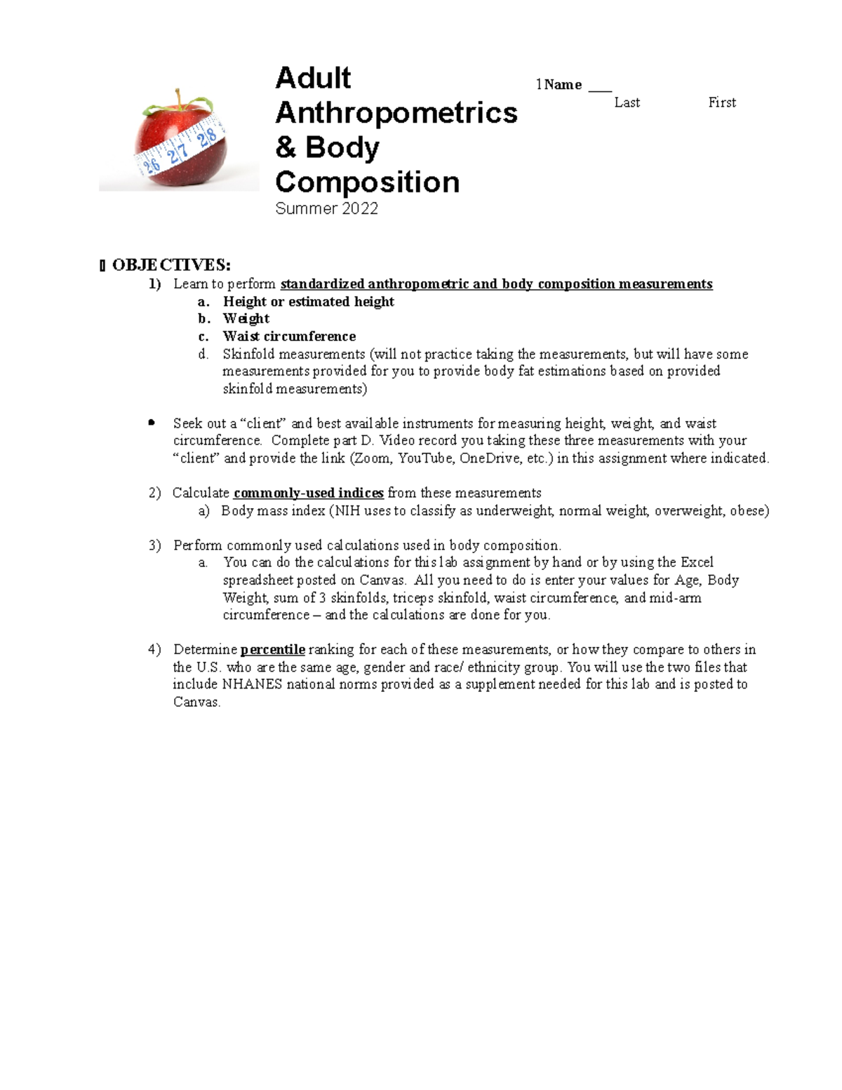 Adult Anthropometrics and Body Composition - Su2022 - Adult ...