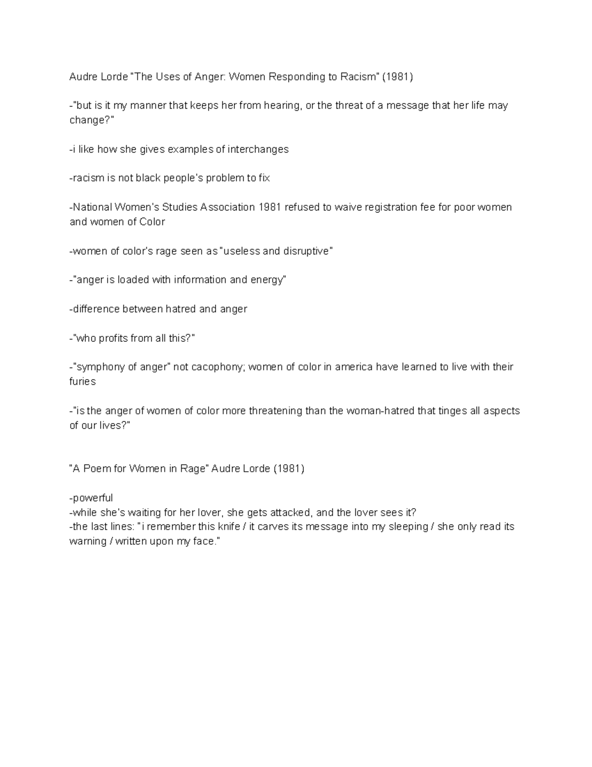 Audre Lorde Reading Notes - Audre Lorde “The Uses of Anger: Women ...