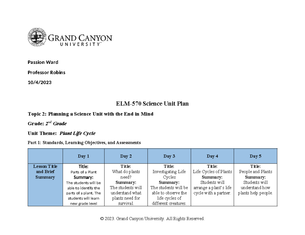 ELM-570-Science Unit Plan Template submit - Passion Ward Professor Robins 10/4/ ELM-570 Science ...