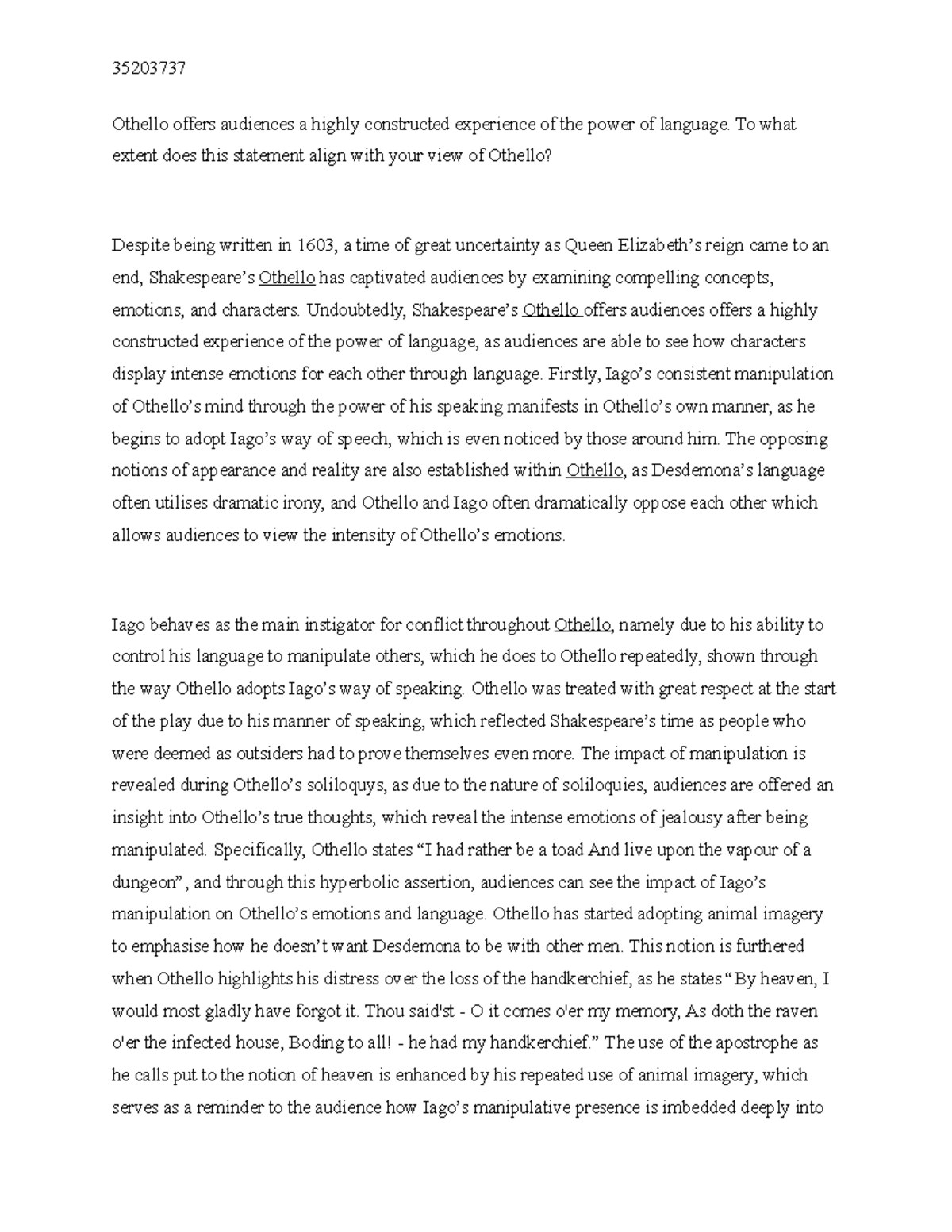 Othello Essay - Power of Language 15/15 - 35203737 Othello offers ...