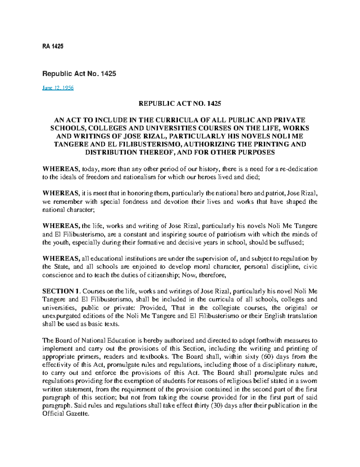 RA 1425 - the life of rizal - RA 1425 Republic Act No. 1425 June 12 ...