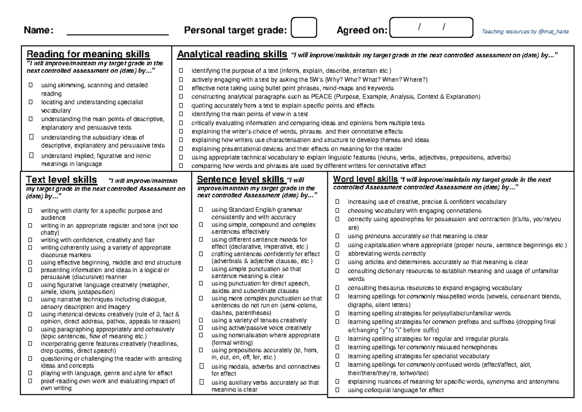 GCSE Eng Smart Target Prompts - Name: ___________________ Personal ...