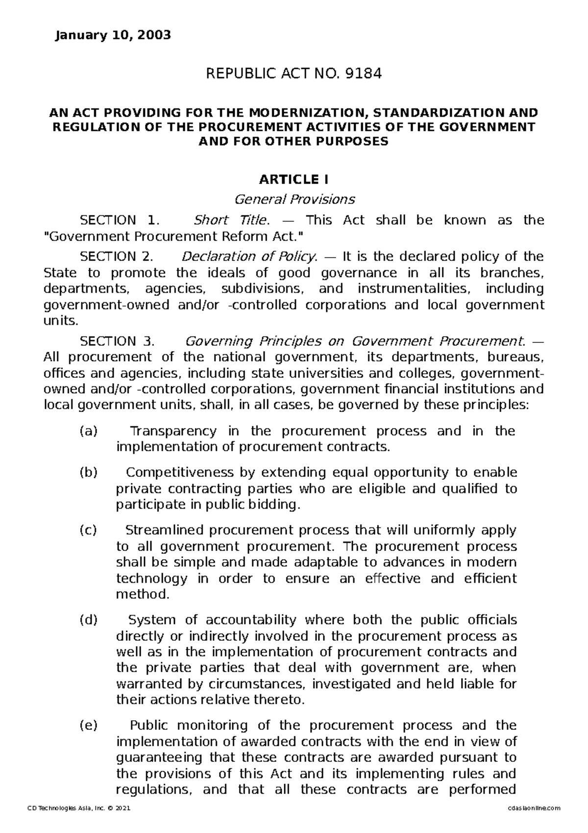 RFBT GOVERNMENT PROCUREMENT ACT - January 10, 2003 REPUBLIC ACT NO ...