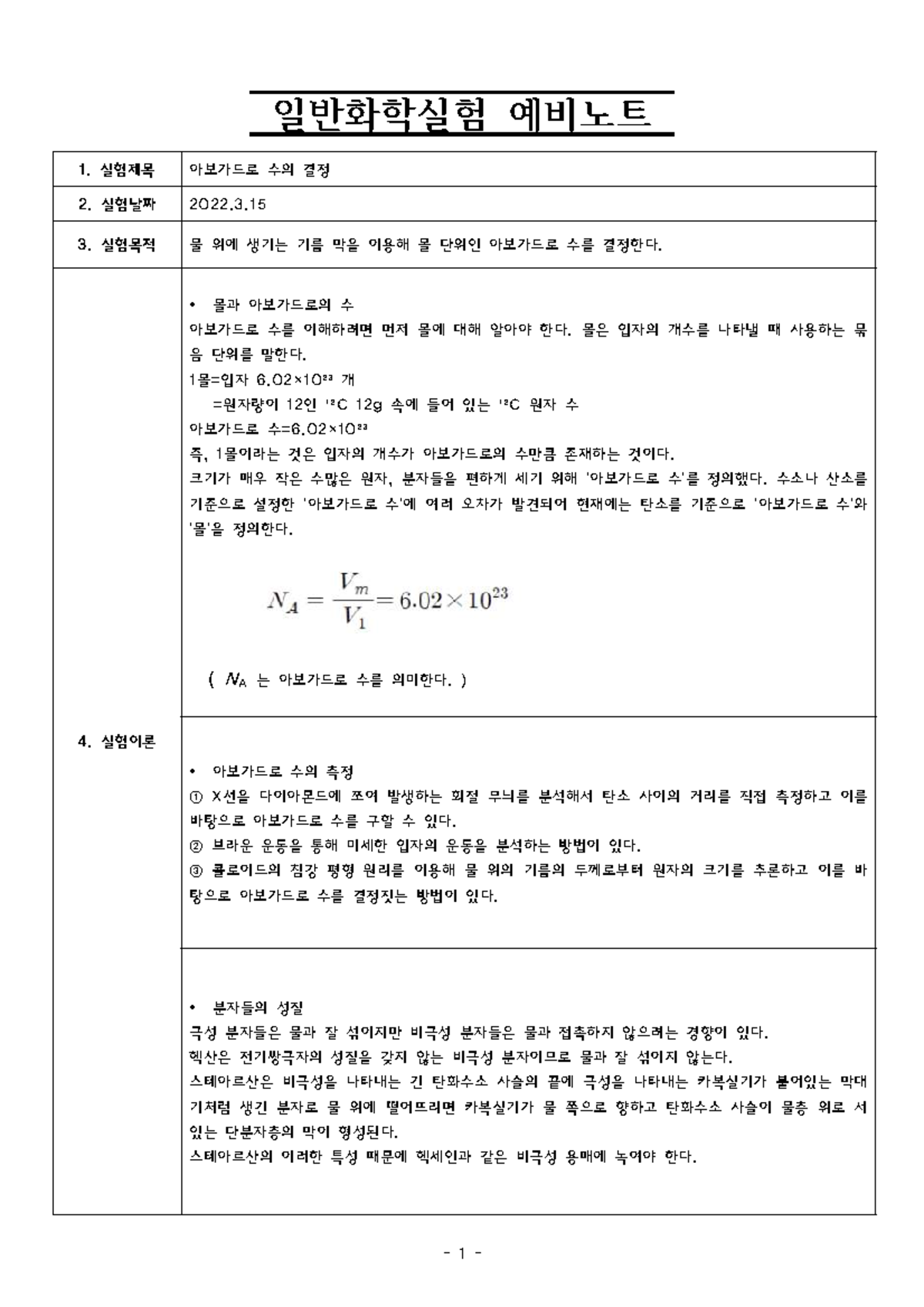 화학 2주차 예비레포트 아보가드로의 수의 결정 일반화학실험 예비노트 1 실험제목 아보가드로 수의 결정 2 실험날짜 2022 3 실험목적 물 위에 생기는 기름 막을